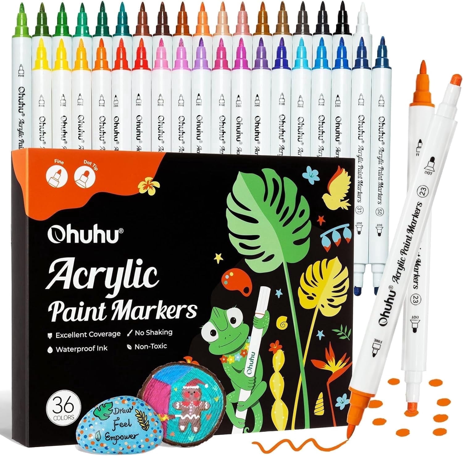 Ohuhu Acrylic Paint Markers, 36 Colors, Fine & Dot Tips, Cotton-Core ...
