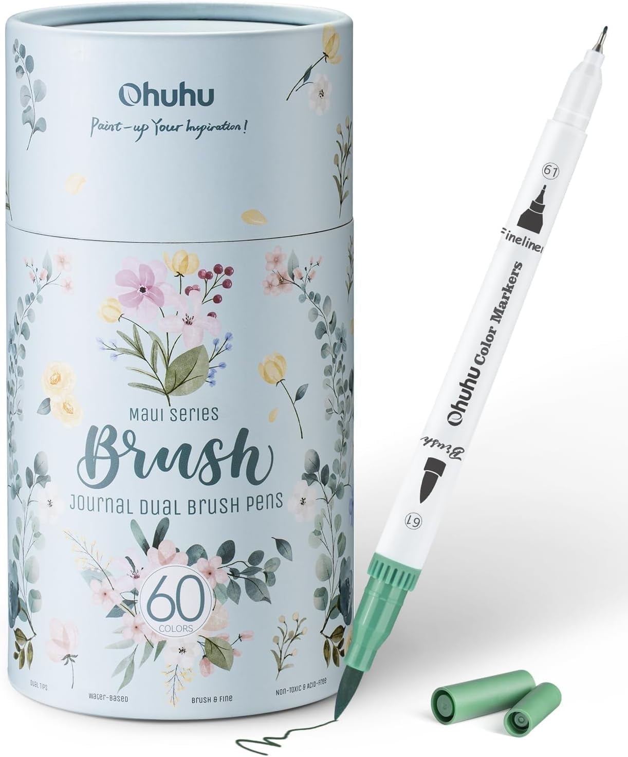 Ohuhu 60-Color Water-Based Markers, Dual Tips Brush and Fineliner ...