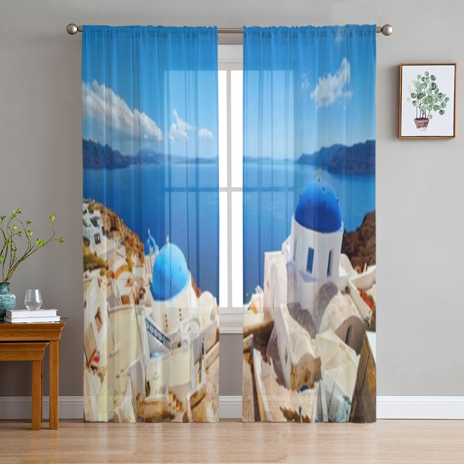 Oia Town On Santorini Island Sheer Curtain For Living Room Bedroom ...