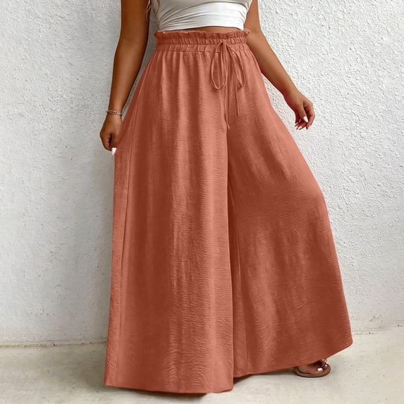 Oiangi Plus Size Wide Leg Pants for Women Ruffled Elastic Waist Palazzo ...