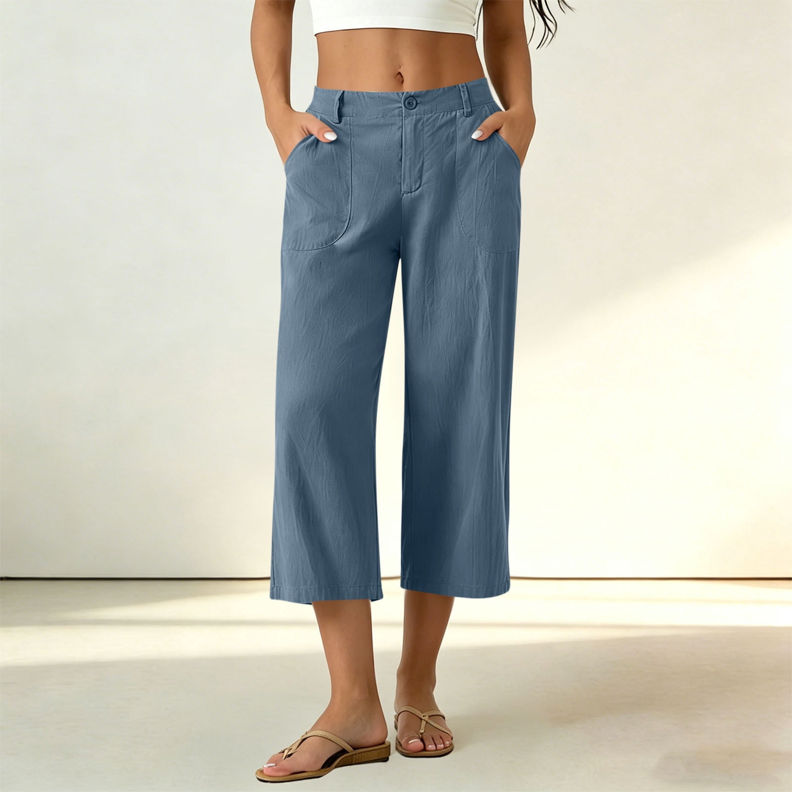 Oiangi Women's Cotton Linen Capri Pants Elastic Waistband Button Zipper ...
