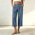 Oiangi Women's Cotton Linen Capri Pants Elastic Waistband Button Zipper ...