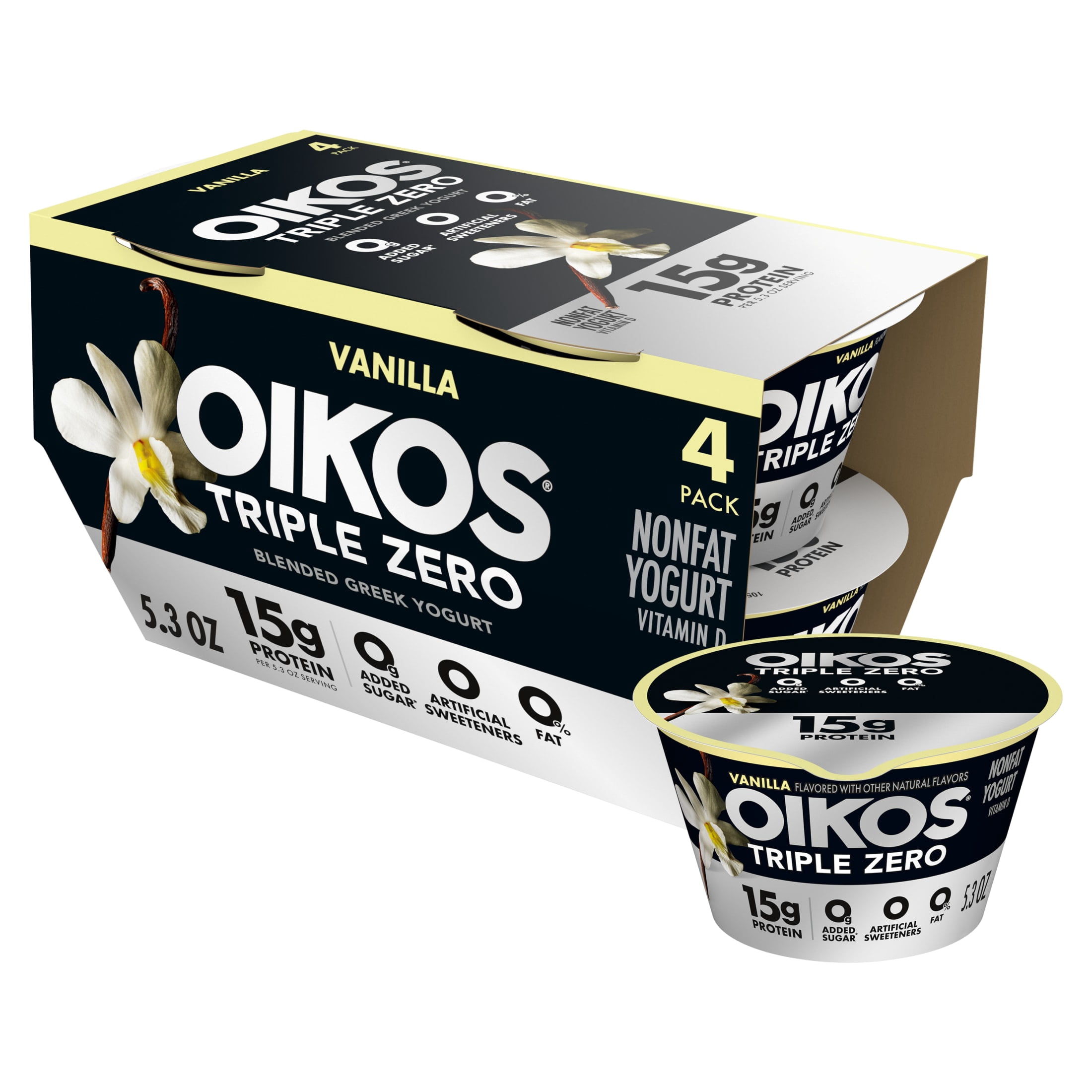 Oikos Triple Zero 15g Protein, 0g Added Sugar, Fat Free Vanilla Greek ...