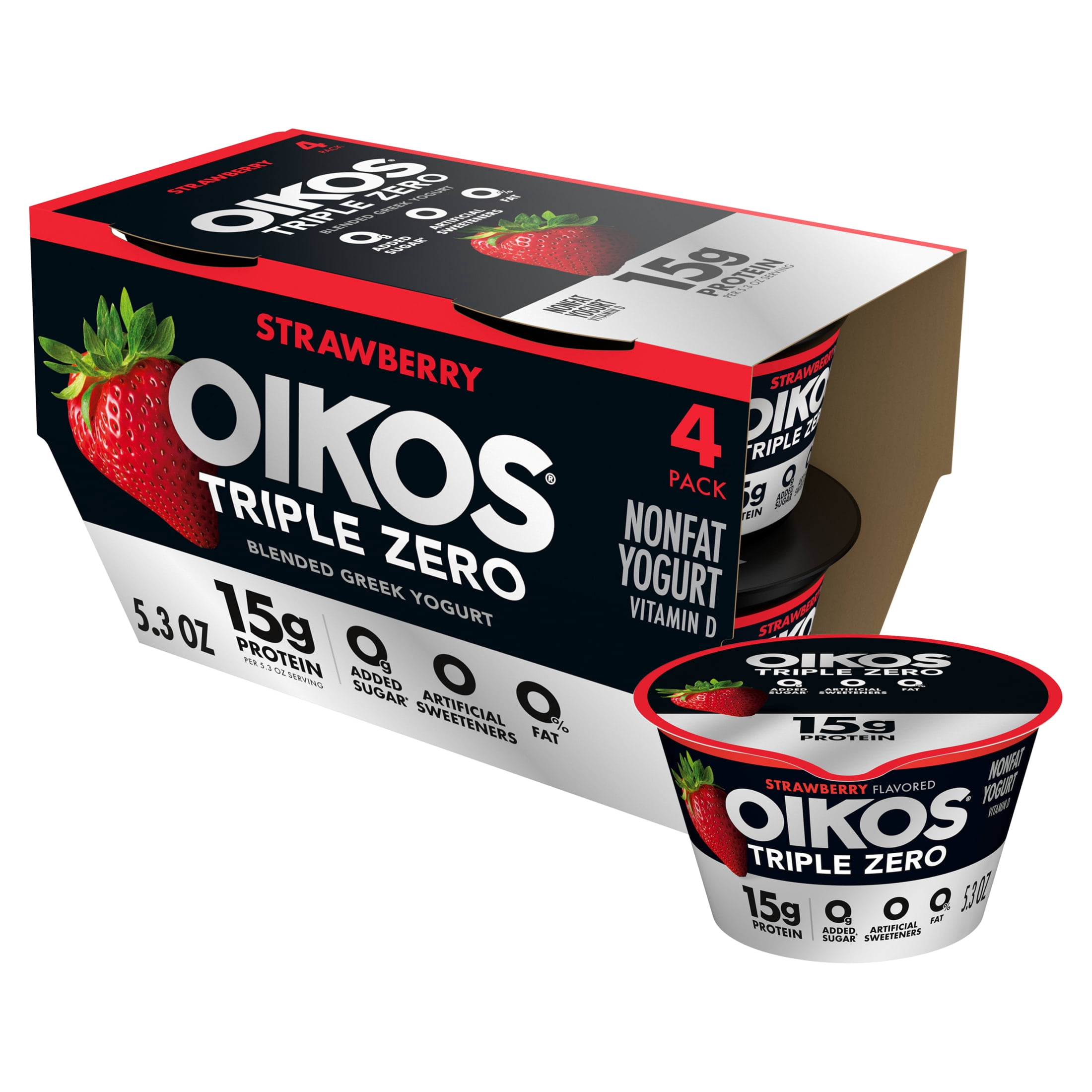 Oikos Triple Zero 15g Protein Fat Free Strawberry Greek Yogurt Cups, 5. ...