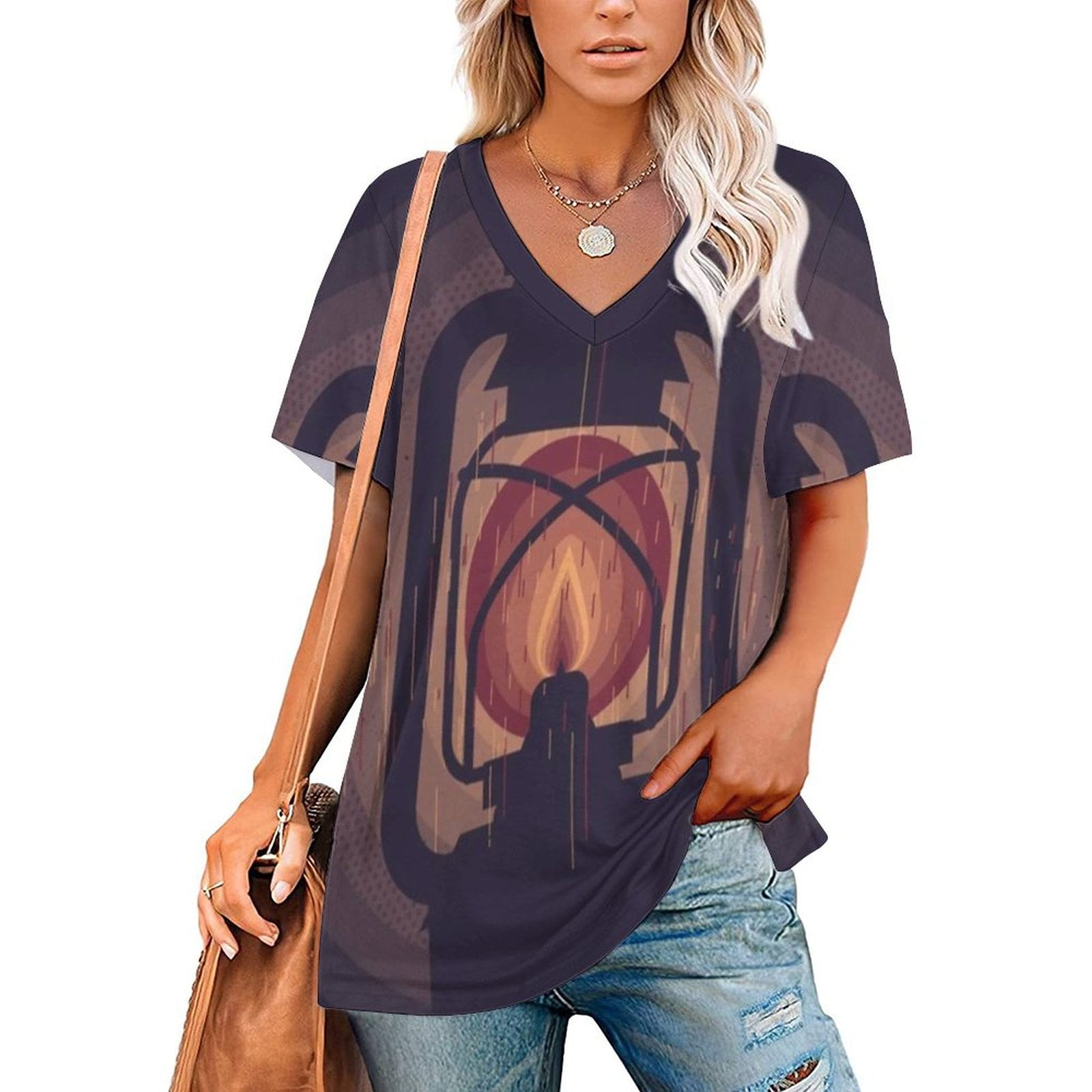 Oil Lamp Women Zipper Sexy Printed Vintage T Shirts Tops Full Print T ...