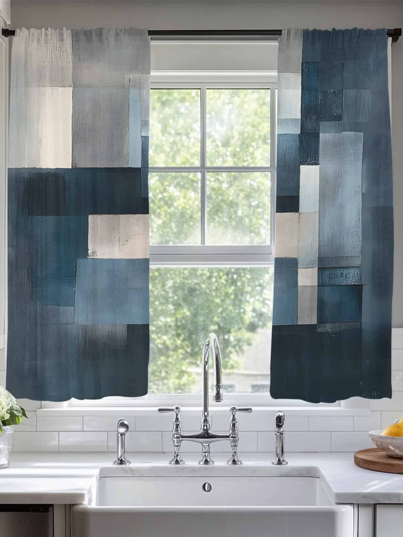 Oil Painted Color Block Sheer Curtains for Living Room Bedroom Modern ...