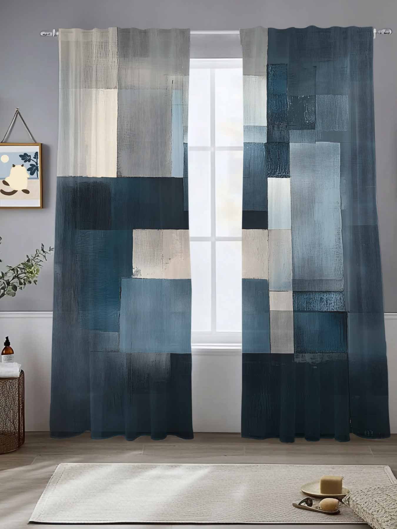 Oil Painted Color Block Sheer Curtains for Living Room Bedroom Modern ...
