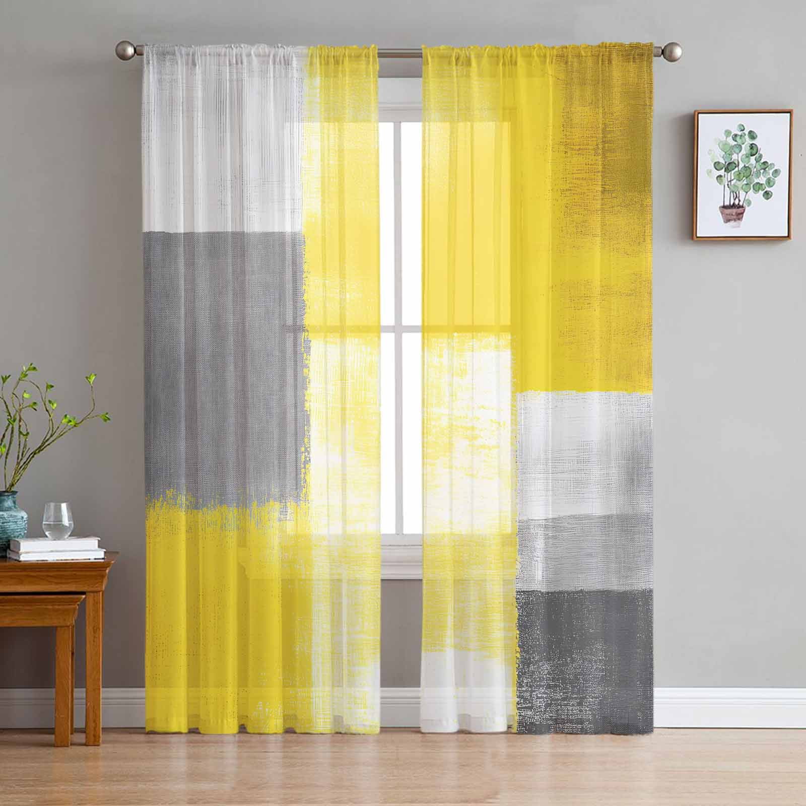 Oil Painted Yellow Grey Sheer Curtains 84 Inch Length 2 Panels Set for ...