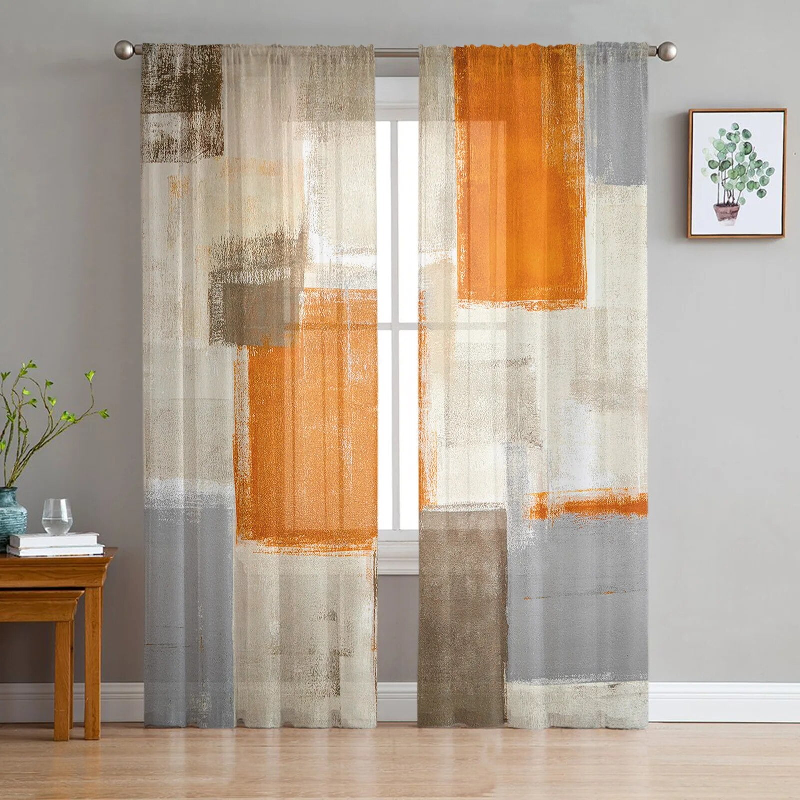 Oil Painting Abstract Geometric Orange Tulle Voile Curtains For Bedroom ...