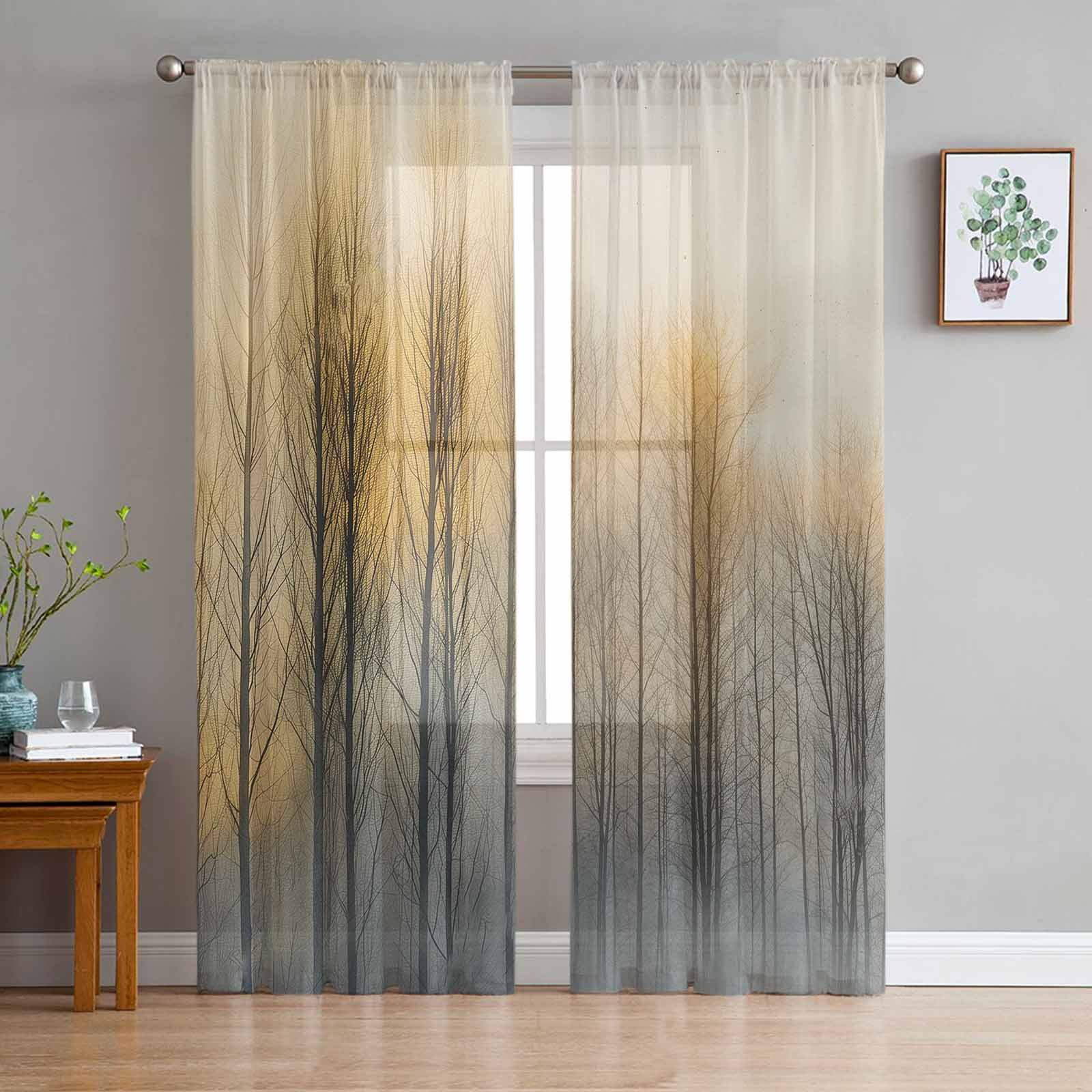 Oil Painting Abstract Tree Sheer Tulle Curtains for Living Room Valance ...