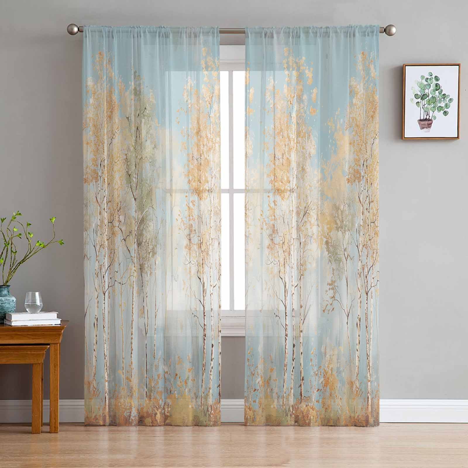 Oil Painting Abstract Tree Sunset Sheer Curtains for Living Room Tulle ...