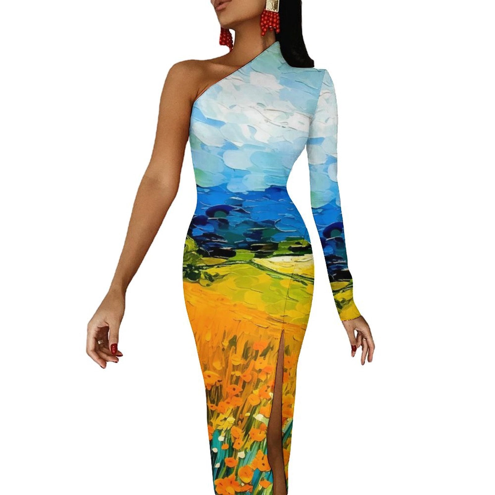 Oil Painting Bodycon Dress Women Starry Night Sexy Maxi Dress One ...