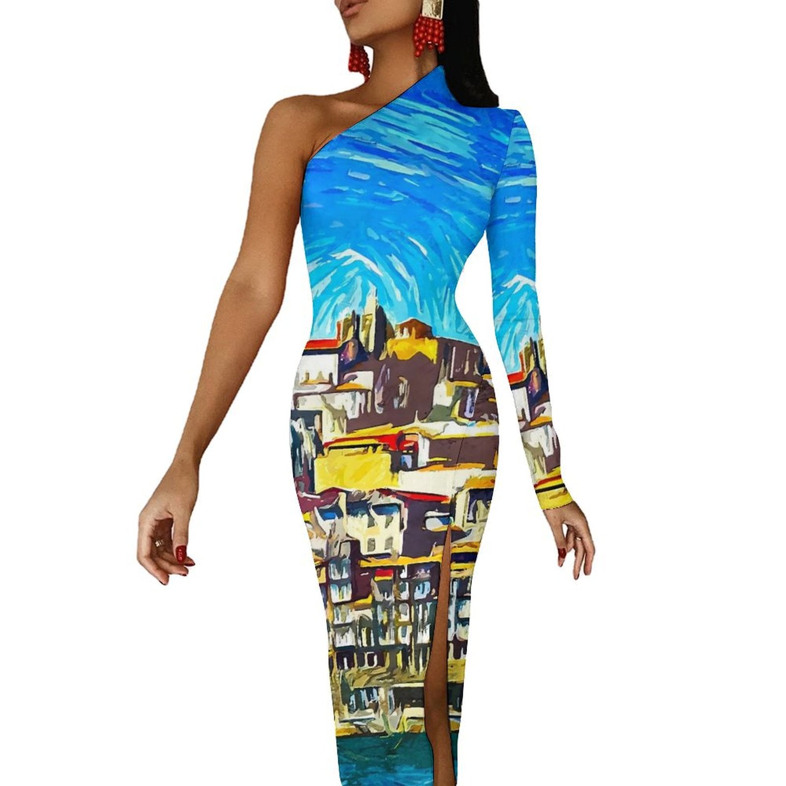 Oil Painting Bodycon Dress Women Starry Night Sexy Maxi Dress One ...