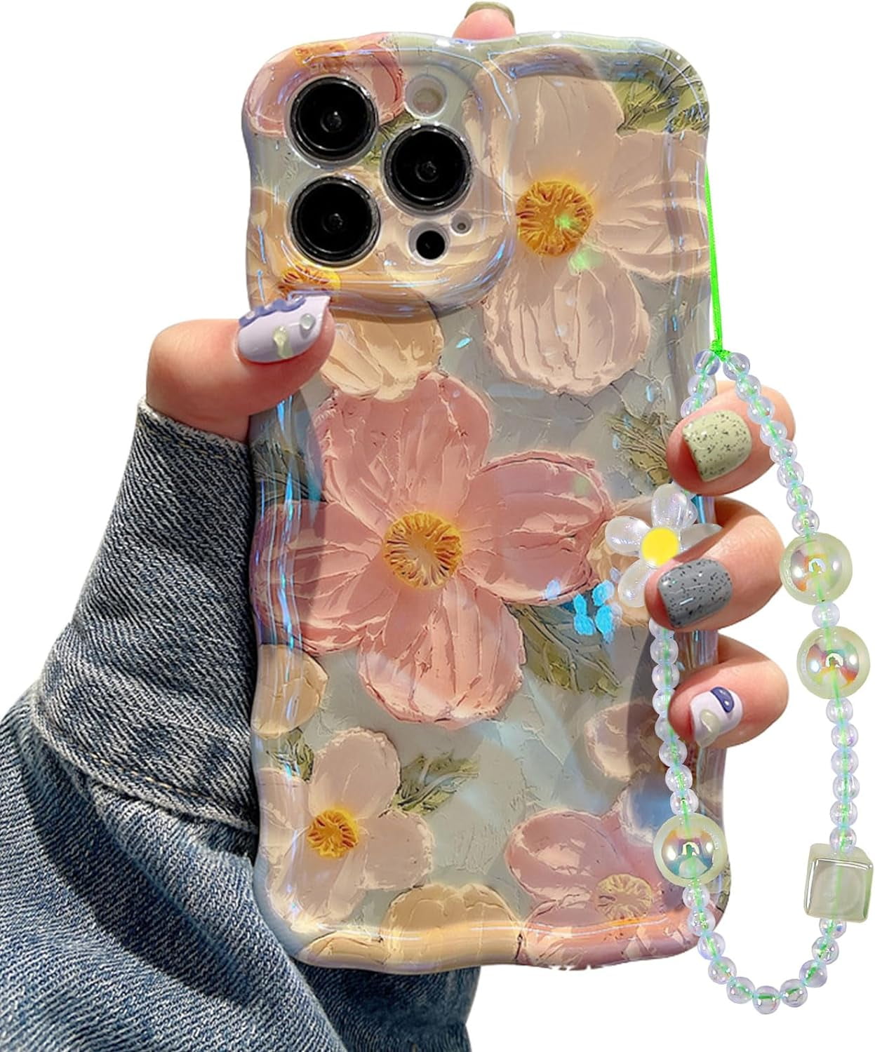 Oil Painting Flower Compatible with iPhone 11 Pro Max Case, with Bracelet Chain, Colorful Retro ...