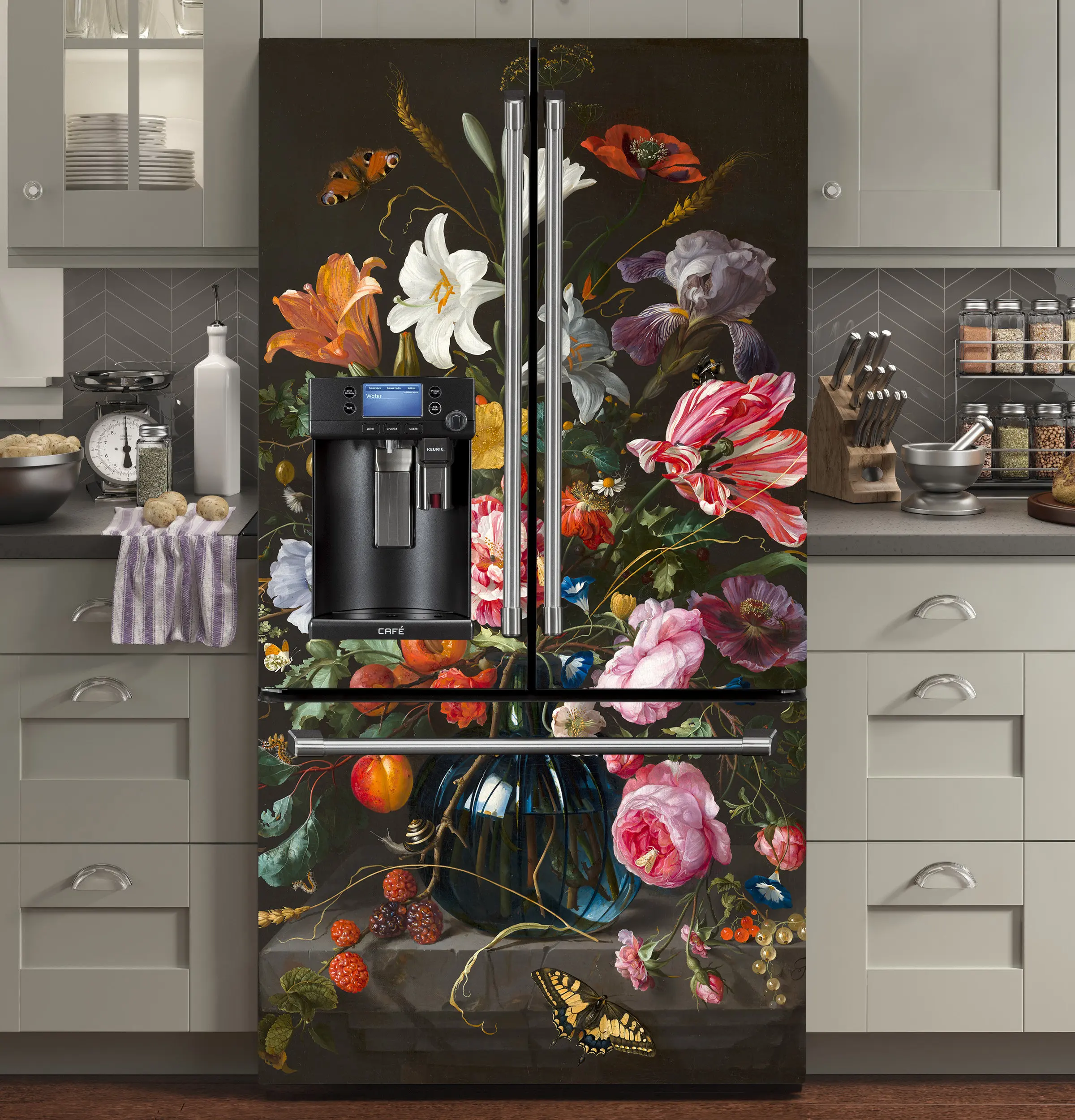 Oil Painting Flowers Fridge Mural Sticker Waterproof Vinyl Self ...