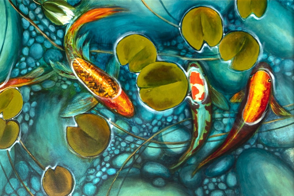 Oil Painting From Above of a Koi Pond with Three Colorful Fish ...