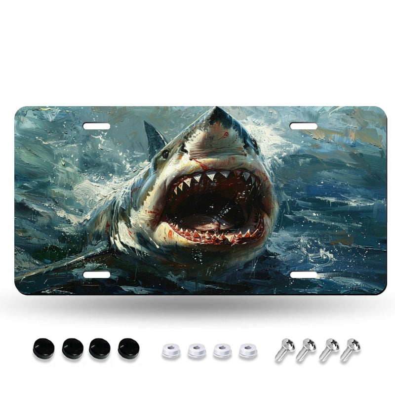 Oil Painting of Great White Shark with an Open Mouth License Plate ...