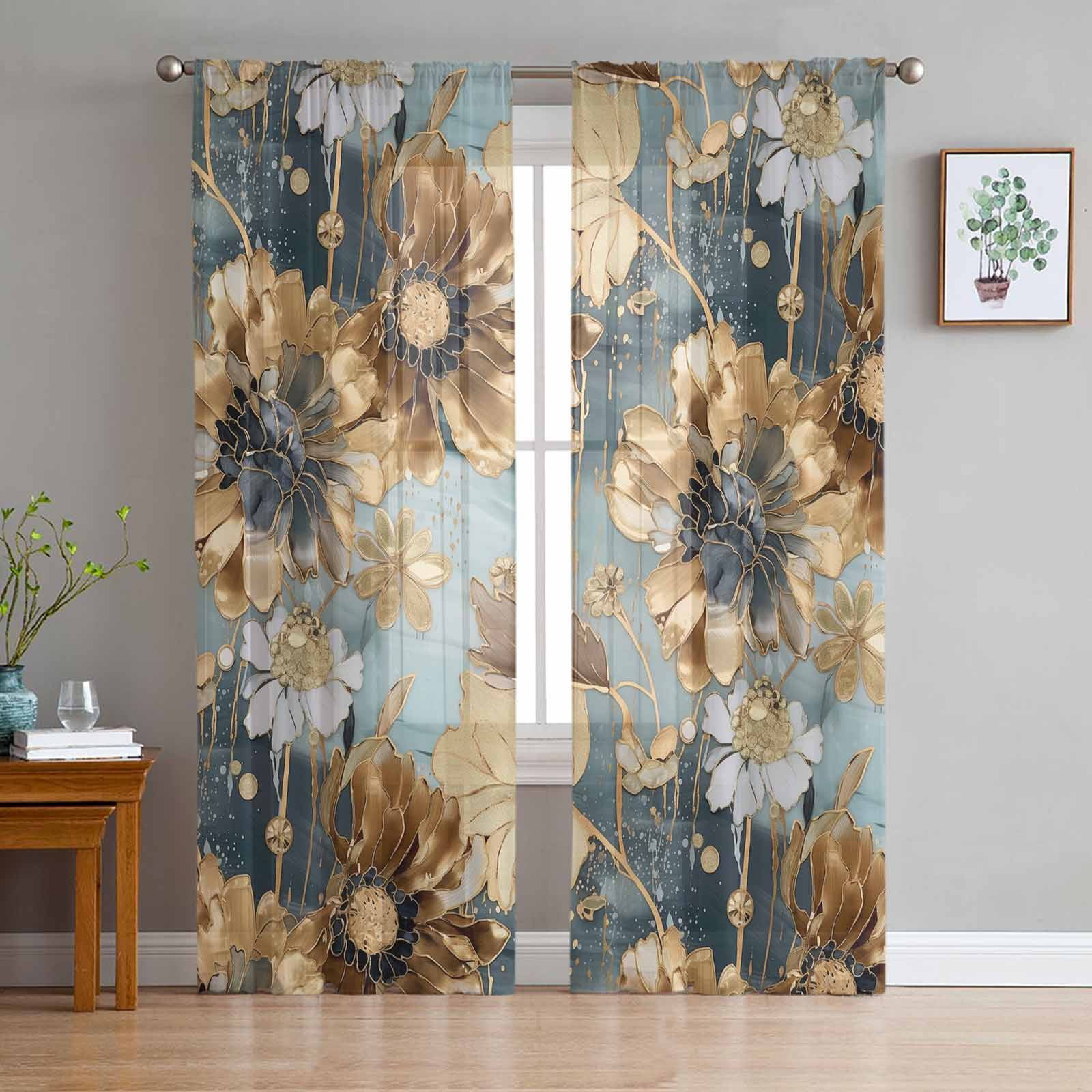 Oil Painting Metal Flowers Realistic Gold Foil Tulle Window Curtains ...