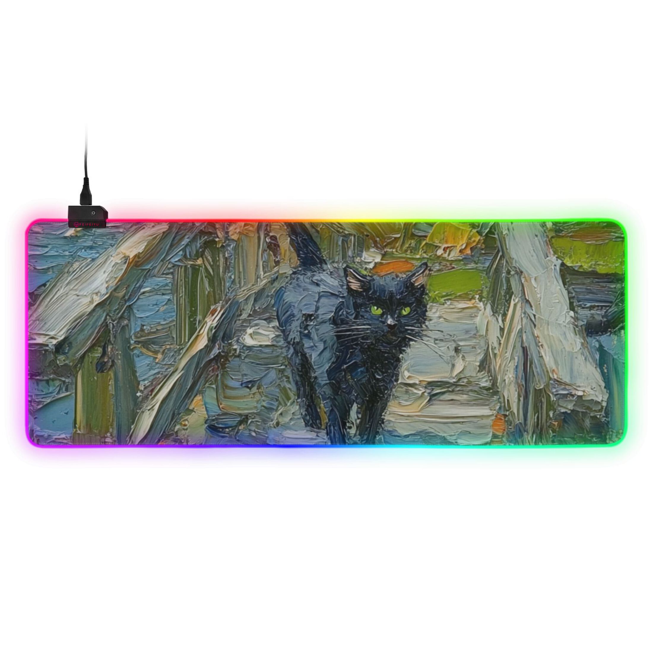 Oil Painting Of A Cat RGB Gaming Mouse Pad Large Keyboard Mat Rubber ...