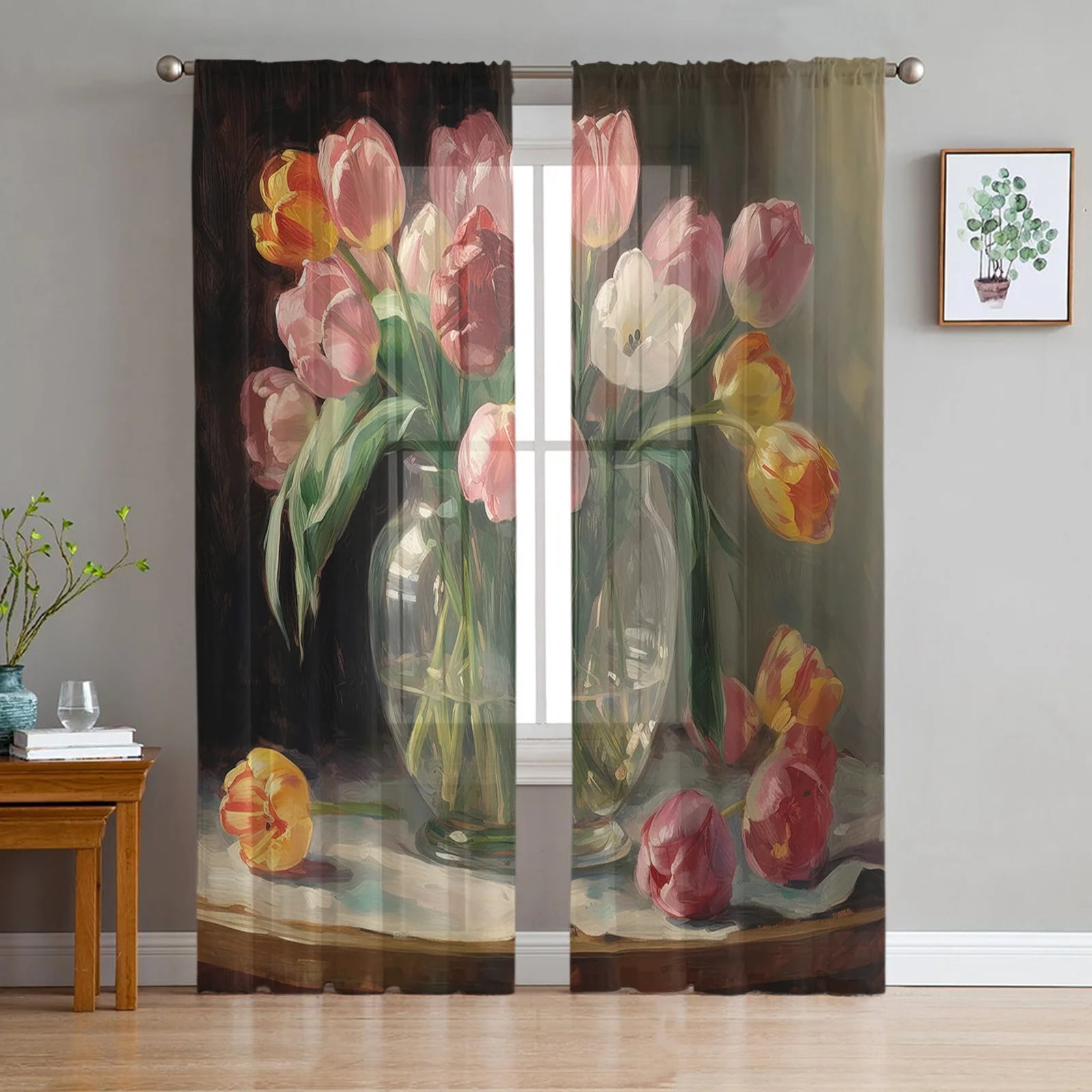 Oil Painting Of Flowers Buds And Leaves Tulle Curtains for Living Room ...