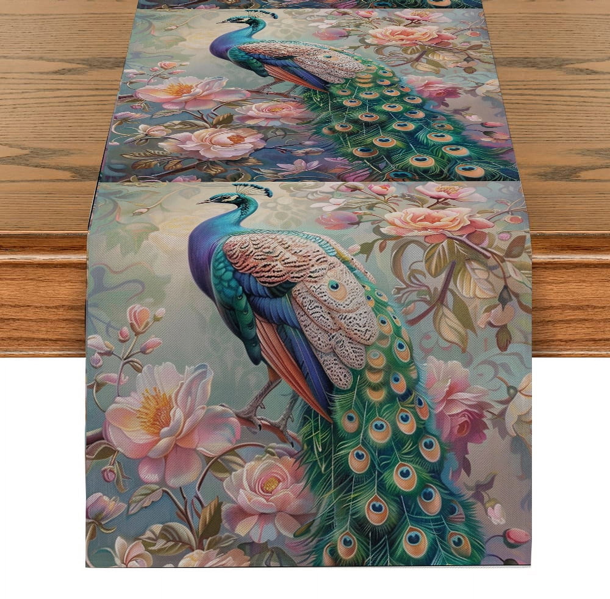Oil Painting Peacock Plant Flowers Table Runners Washable Dresser ...
