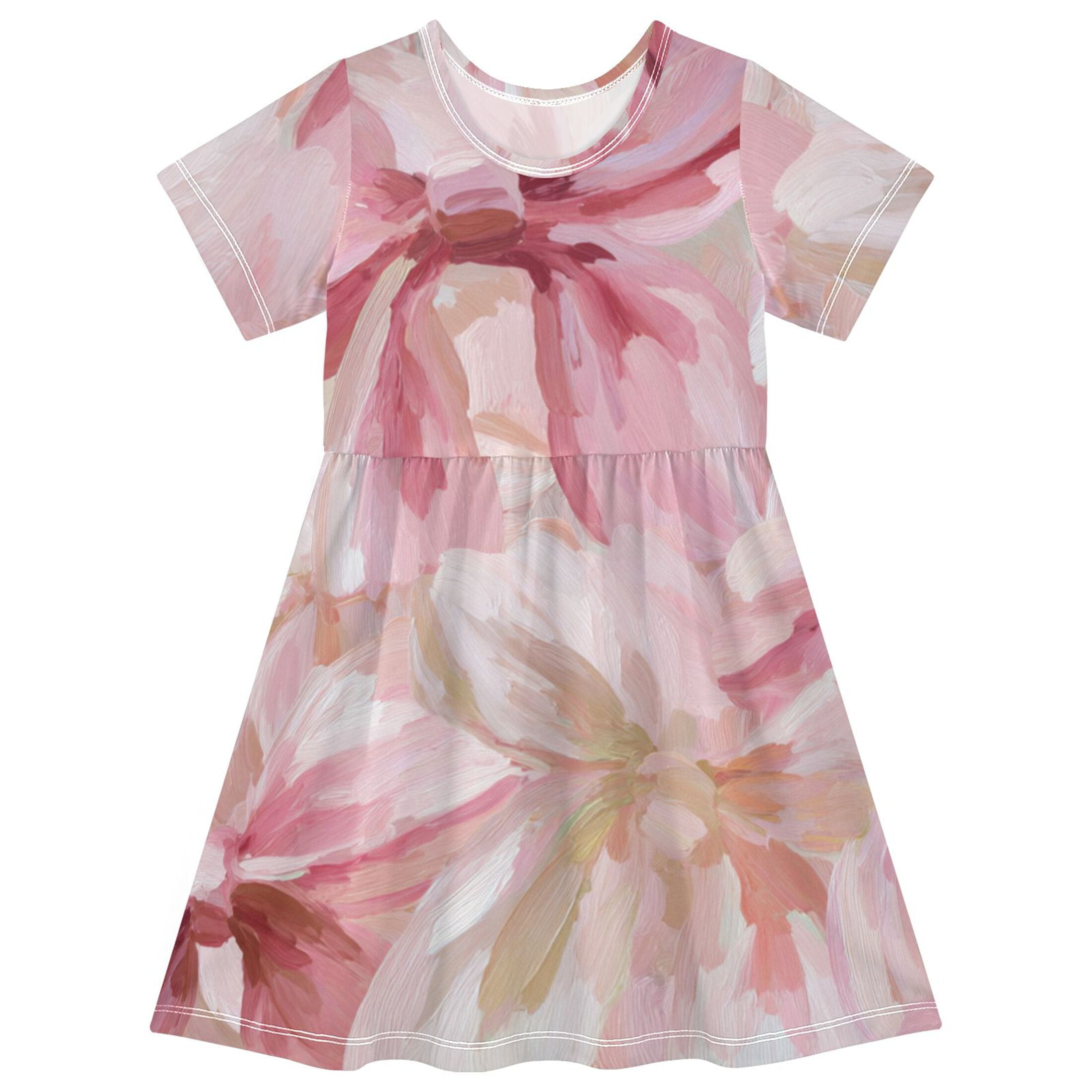 Oil Painting Pink Bows Girls' Short Sleeve Dress A-Line One-Piece Dress ...