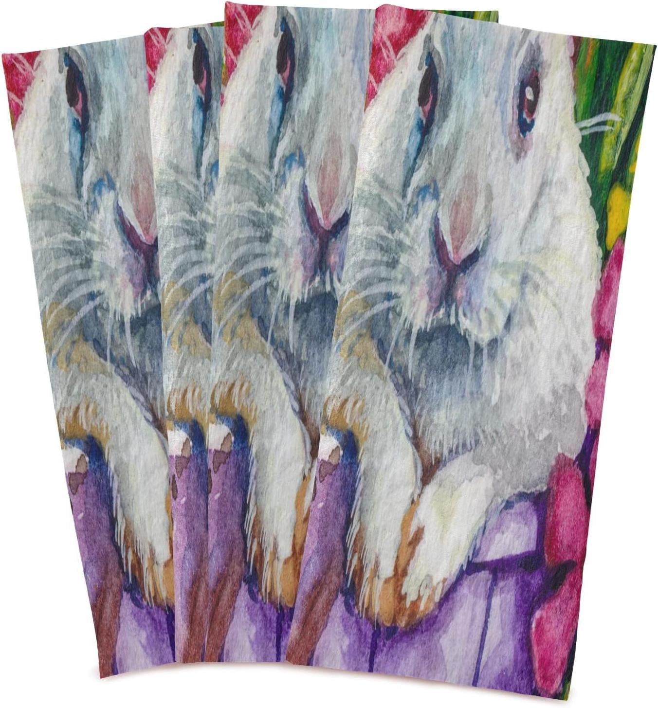 Oil Painting Rabbit Flowers Kitchen Tea Towels Set of 4 Absorbent Hand ...