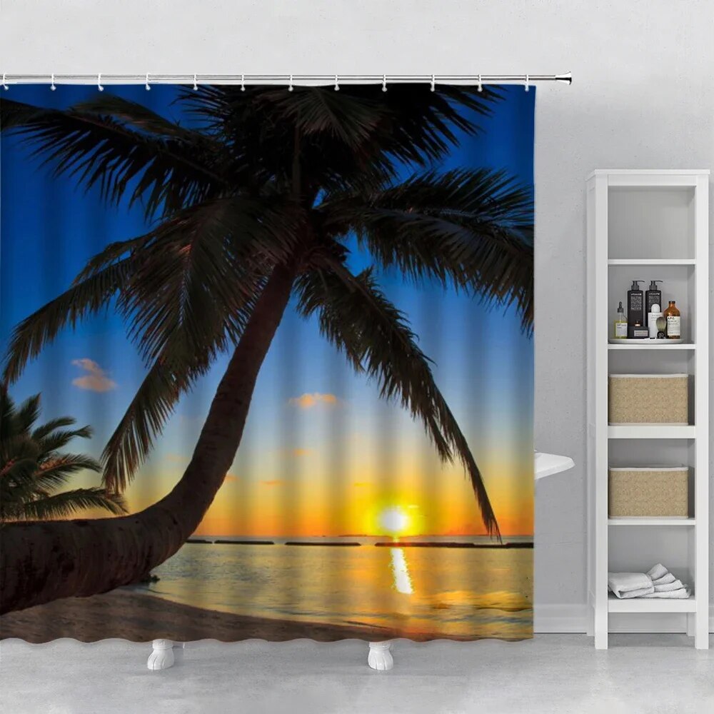 Oil Painting Scenery Shower Curtain Watercolor Starry Sky Sun Moon Tree ...