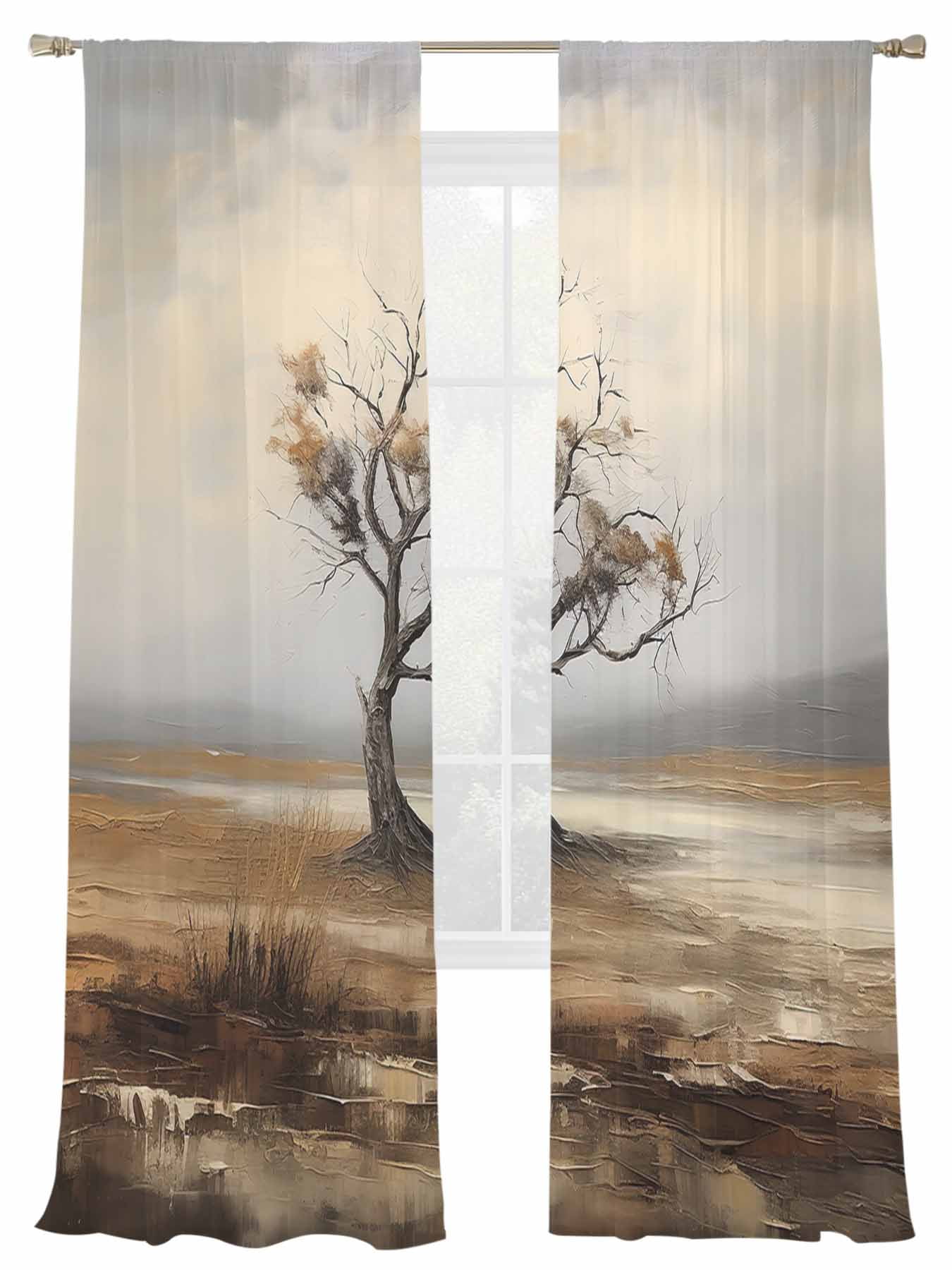 Oil Painting Sheer Curtains 2 Panels Set Tree on Grassland Sheer Window ...