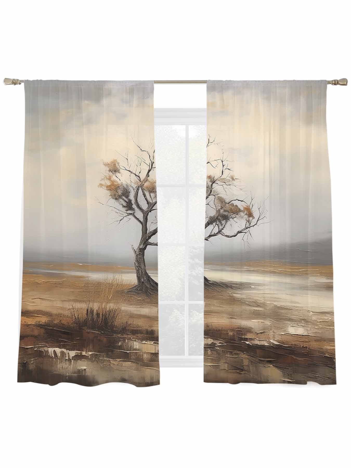 Oil Painting Sheer Curtains 2 Panels Set Tree on Grassland Sheer Window ...