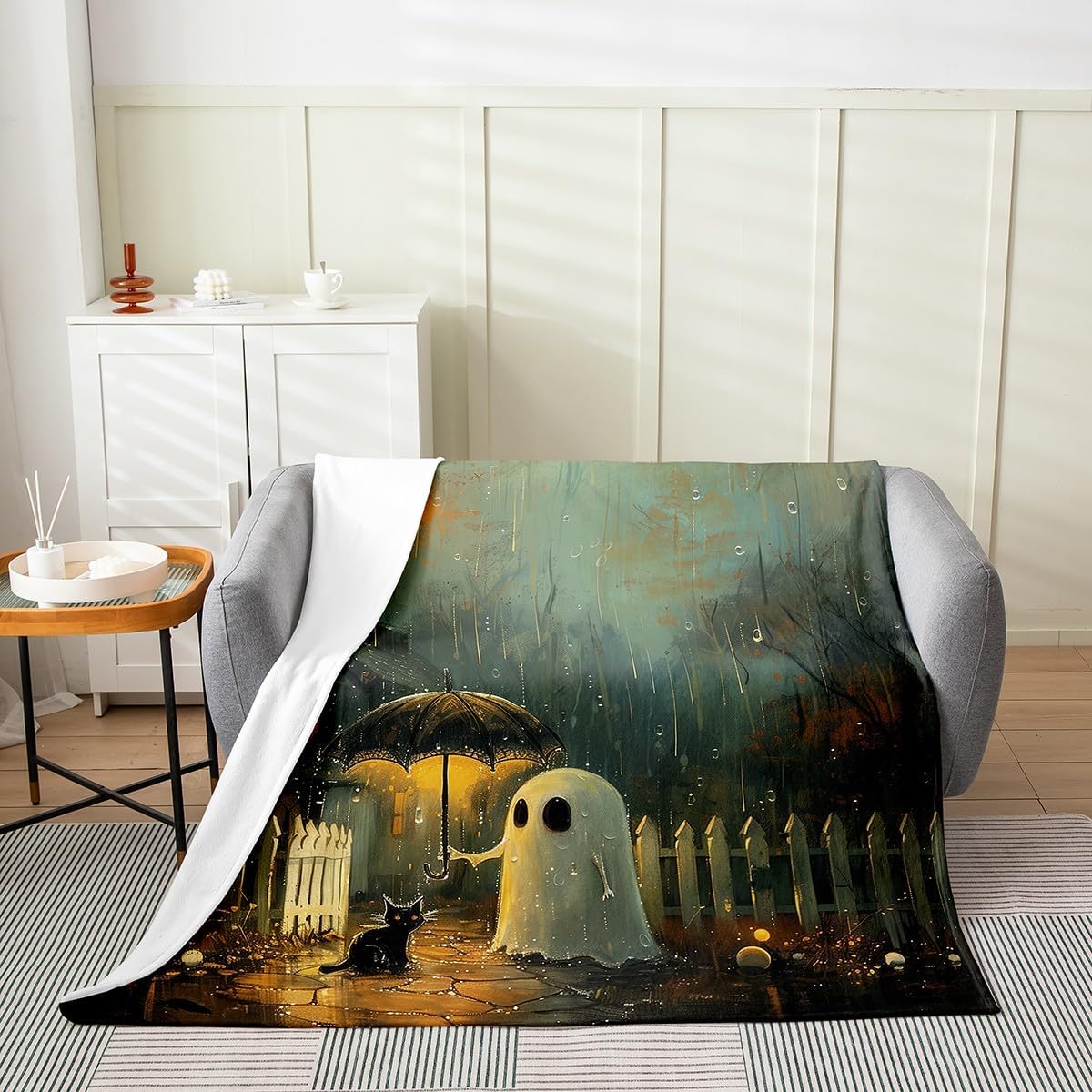 Oil Painting Style Ghost Throw Blanket Cartoon Cute Cat Watercolor ...