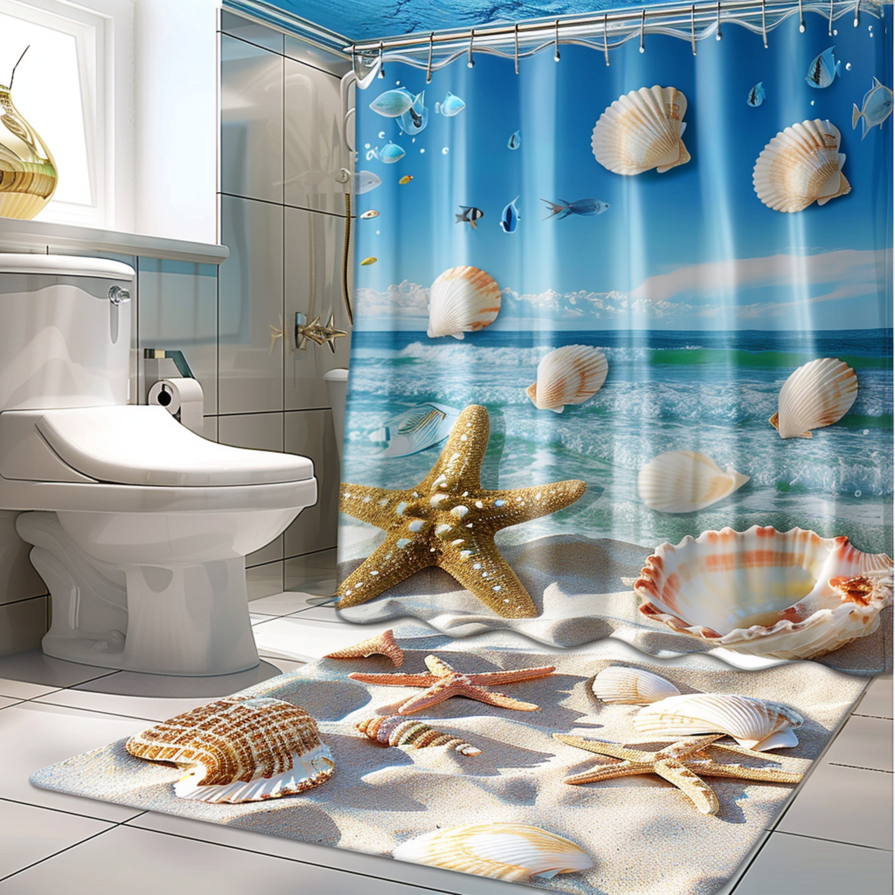Oil Painting Style Sea Shells and Starfish Bathroom Shower Curtain with ...