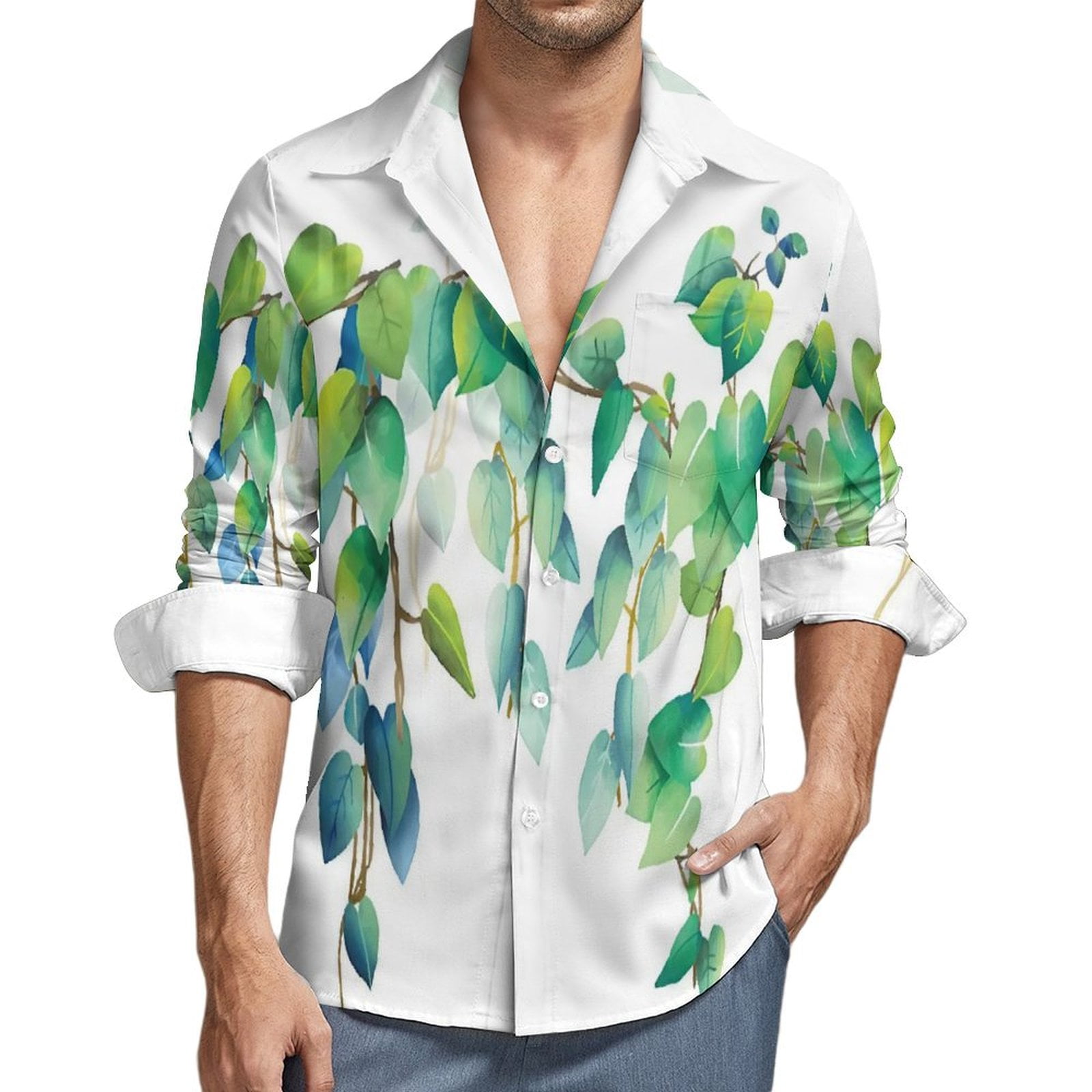 Oil Painting Summer Drooping Green Leaves Hawaiian Shirt for Men Long ...