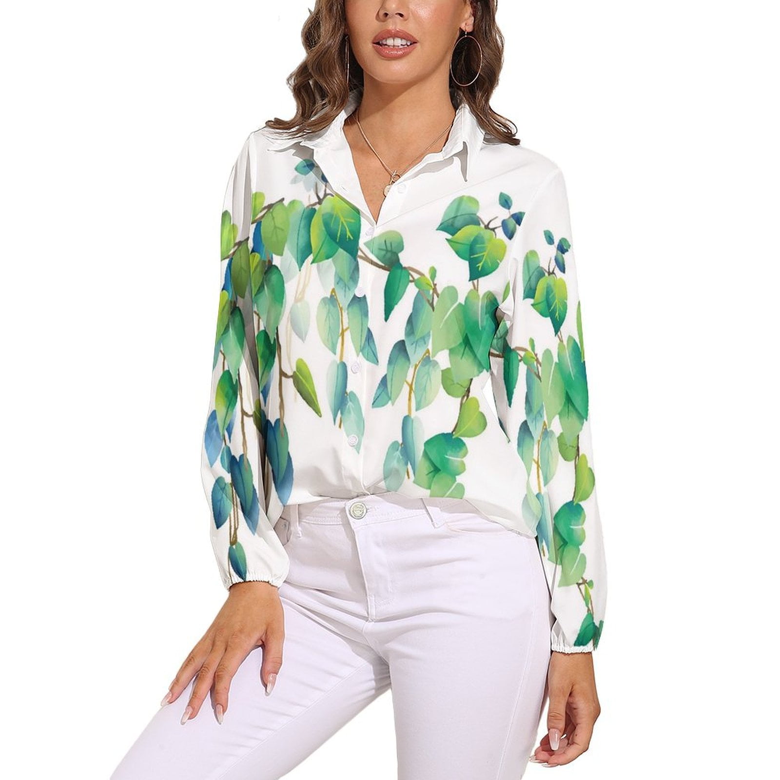 Oil Painting Summer Drooping Green Leaves Long Sleeve Blouse Woman ...