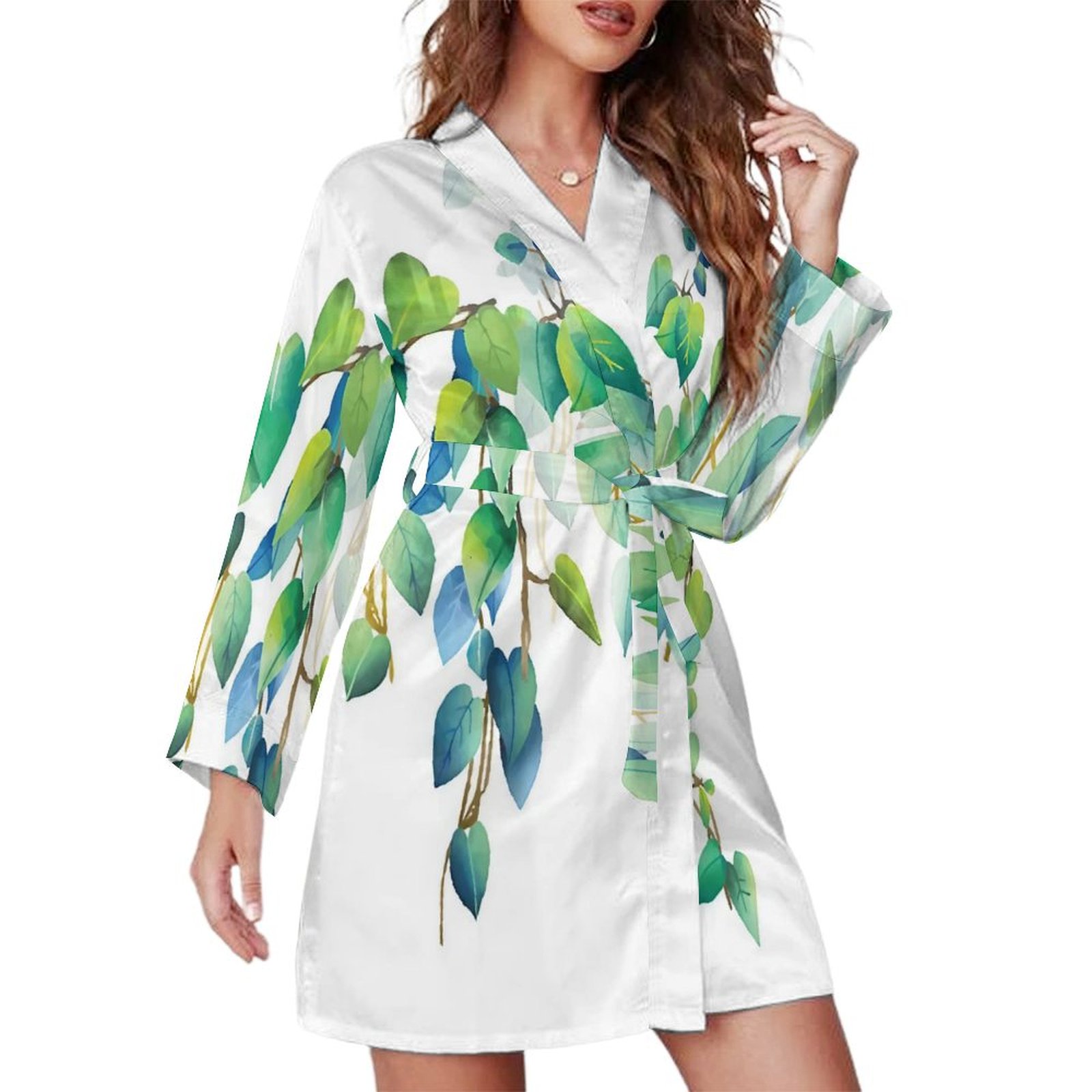 Oil Painting Summer Drooping Green Leaves Night Robe Long Sleeve V Neck ...