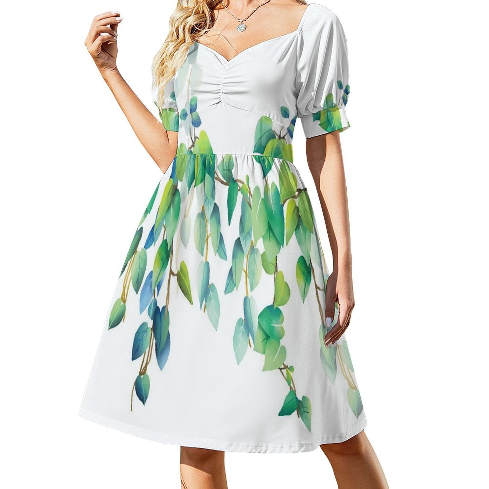 Oil Painting Summer Drooping Green Leaves Short Sleeve Dress Clothes ...