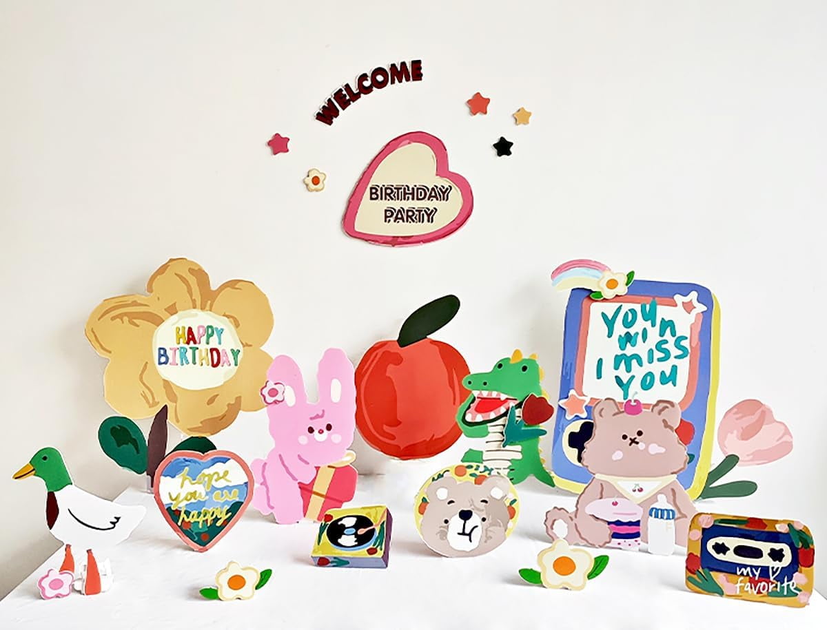 Oil Painting Welcome Birthday Party Decor Props | Cartoon Animal Flower ...