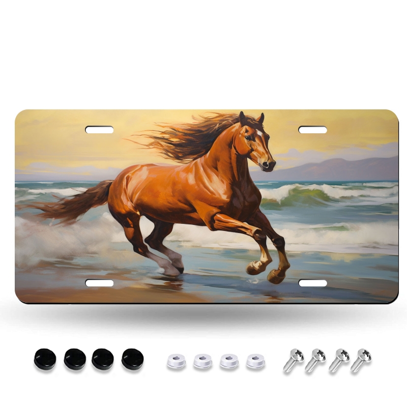 Oil Painting of Brown Horse Running on The Beach Front License Plate ...