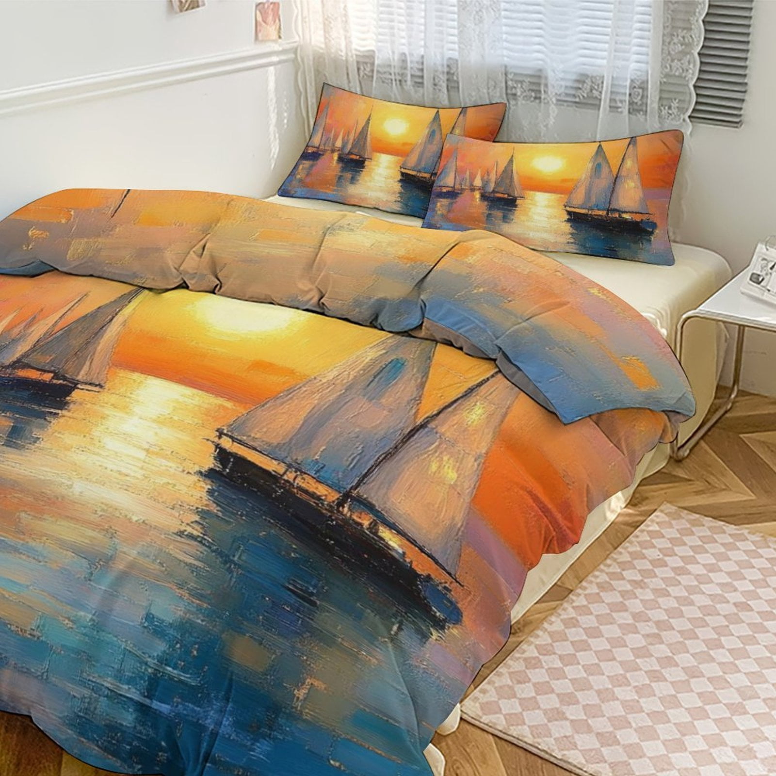 Oil Painting of Sail Boat on Sea at Sunset 90"x90" 3 Pcs Soft Bedding ...