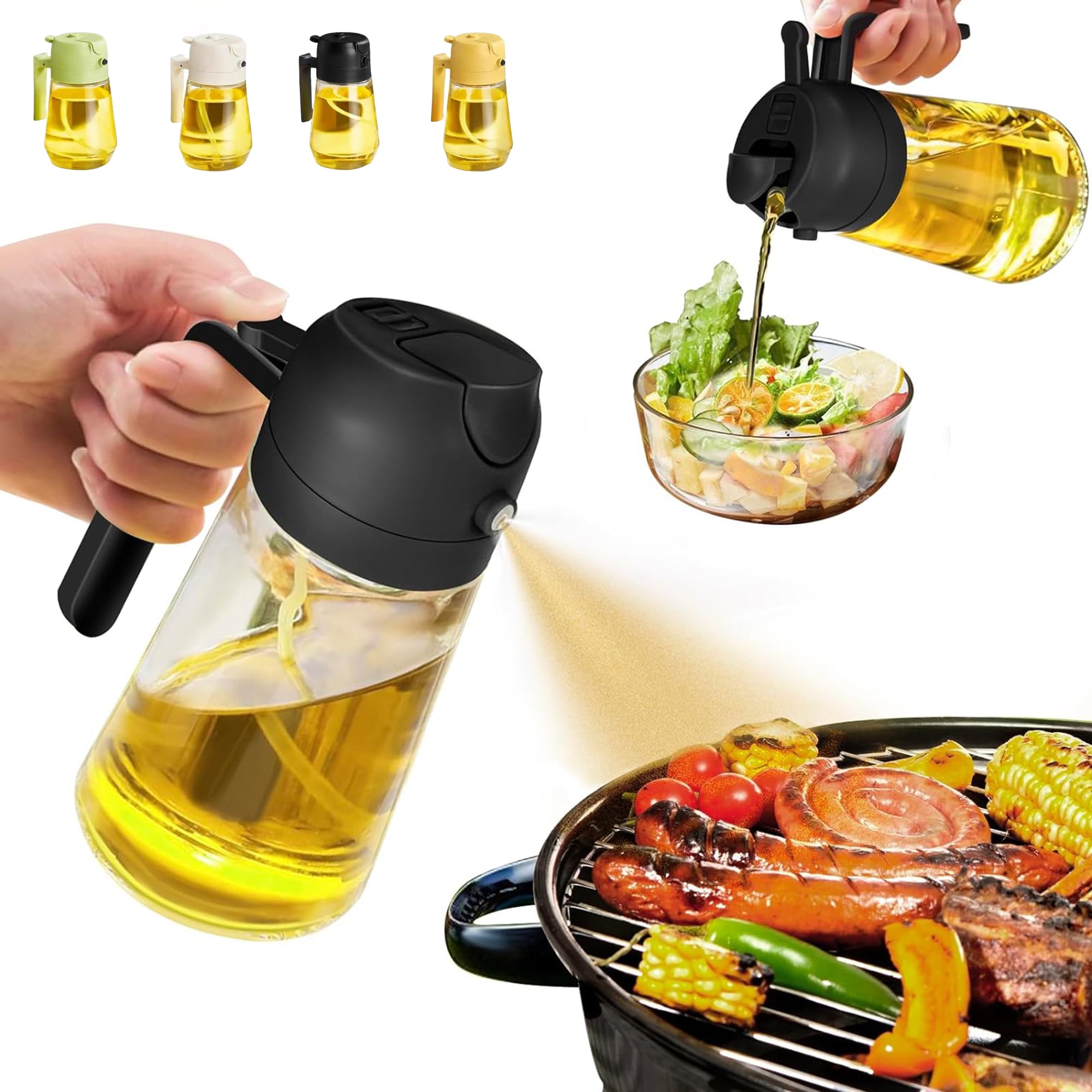 2 in 1 Olive Oil Sprayer & Dispenser, 17oz Glass Bottle, Food-grade for Kitchen, BBQ (Black ...
