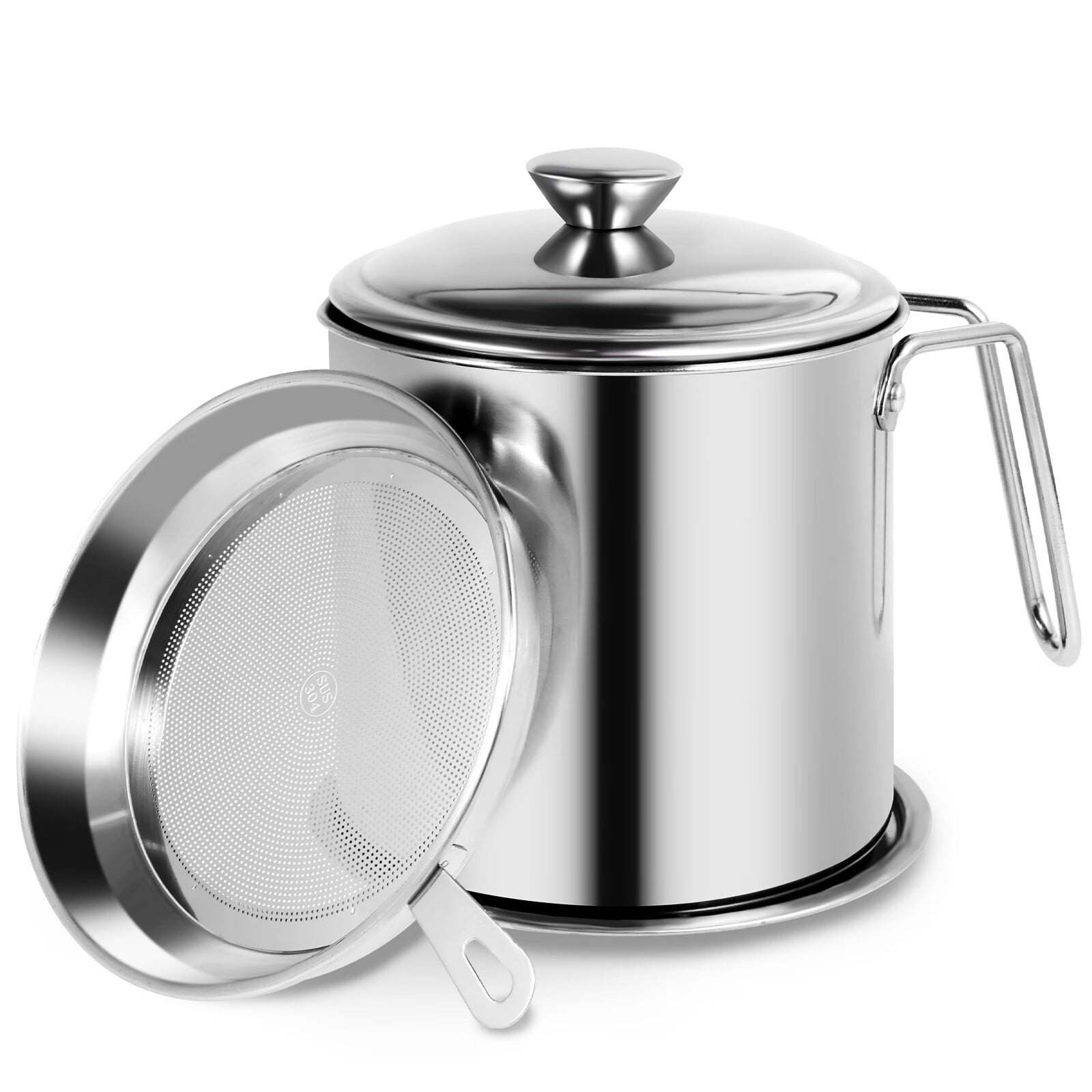 Oil Strainer Pot 1.8L Stainless Steel Oil Storage Can with Strainer and ...