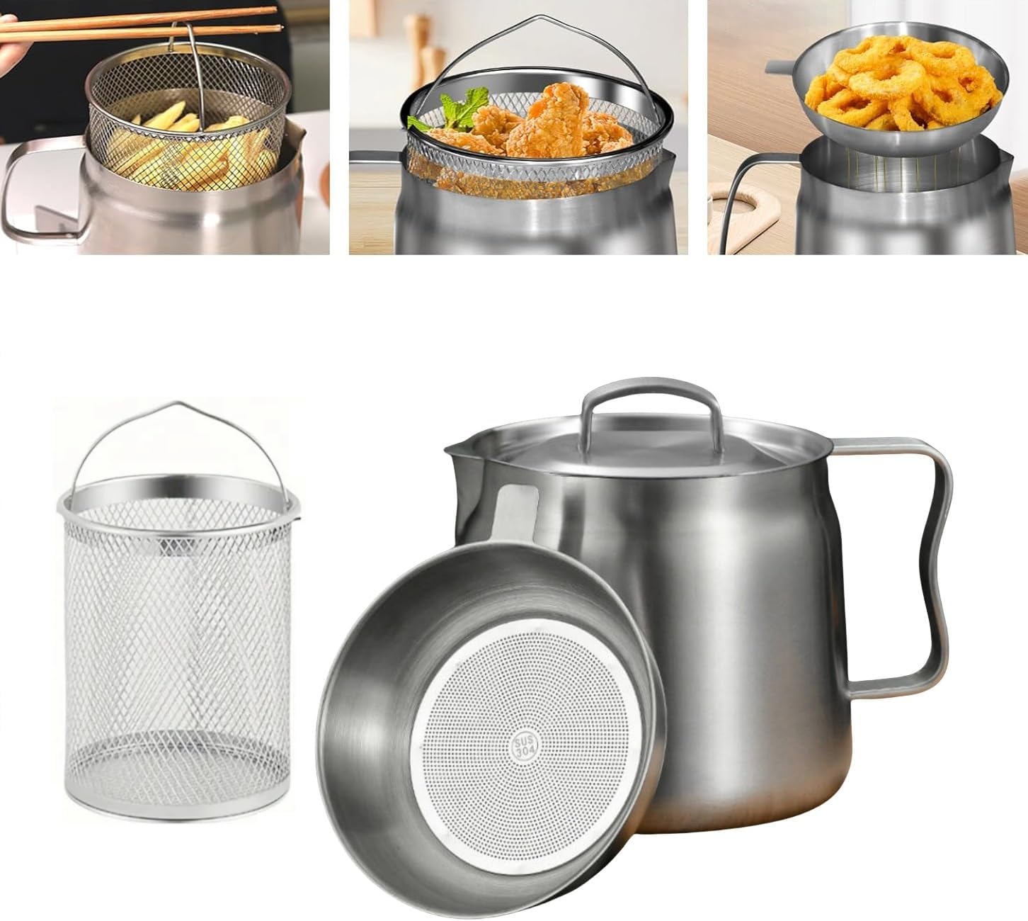 Oil Strainer Pot 2 in 1 with Fry Basket68oz 304 Stainless Steel Cooking ...