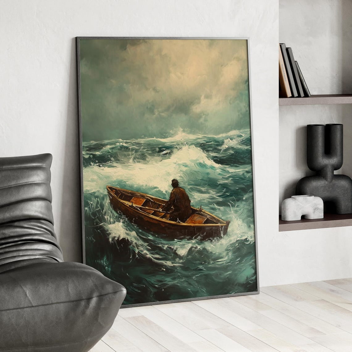 Oil Style Man Lost At Sea Abstract Turbulent Waves Boat Stormy Ocean ...