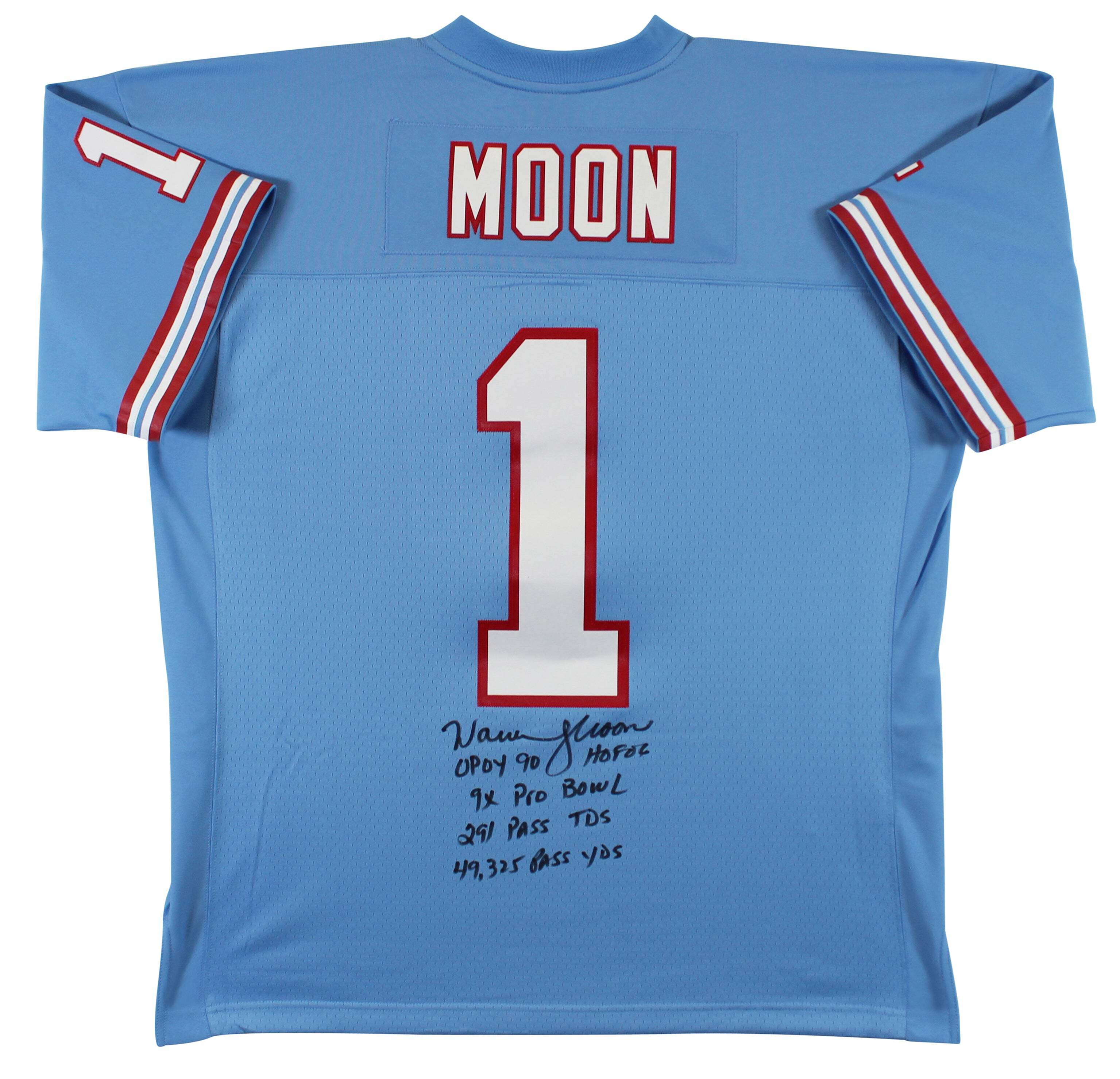 Oilers Warren Moon "5x Insc" Signed Light Blue 1993 MN TB Jersey BAS ...