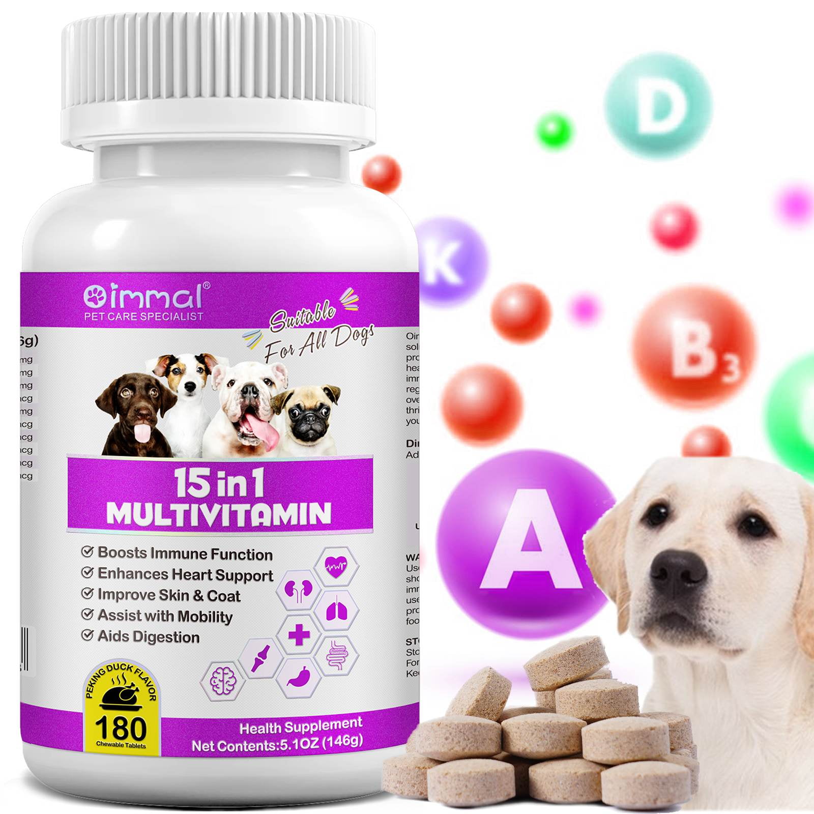 Oimmal 15-in-1 Multivitamin Chewable Tablets for Dogs, Glucosamine and ...