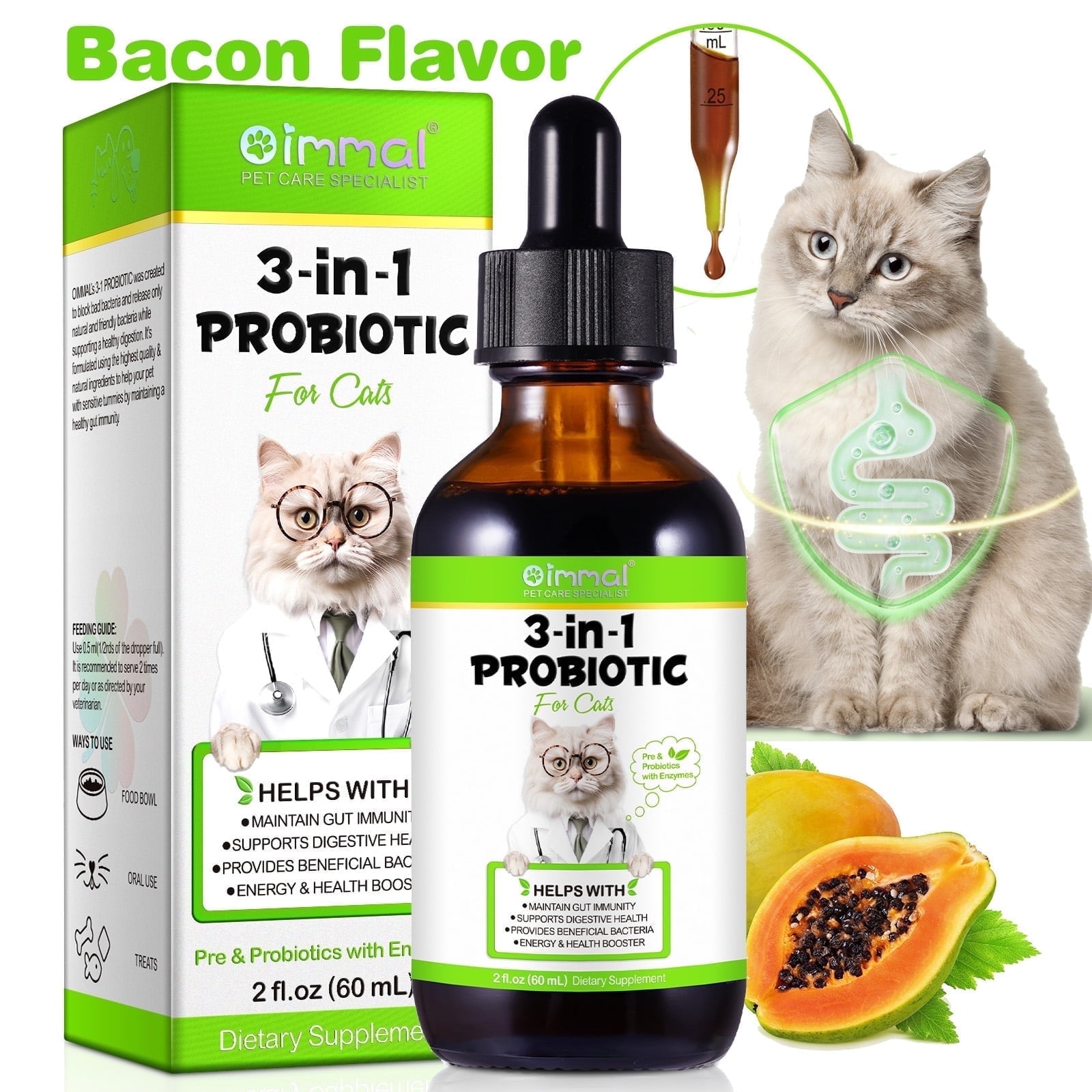 Oimmal 3-in-1 Probiotics for Cats, Liquid Pre & Probiotics with Enzymes (60ml), Support for ...