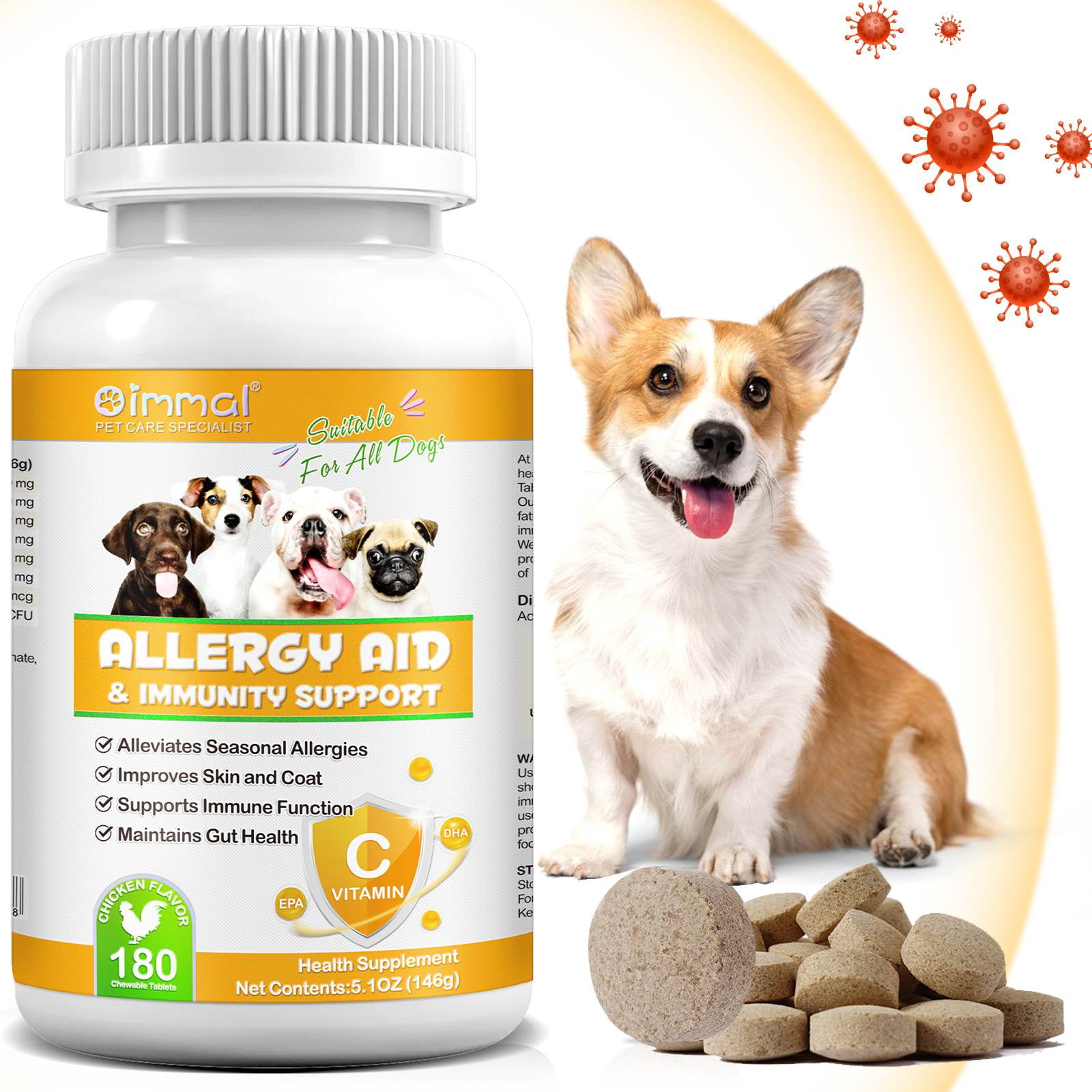 Oimmal Allergy Relief Chewable Tablets for Dog, Health Supplement with ...