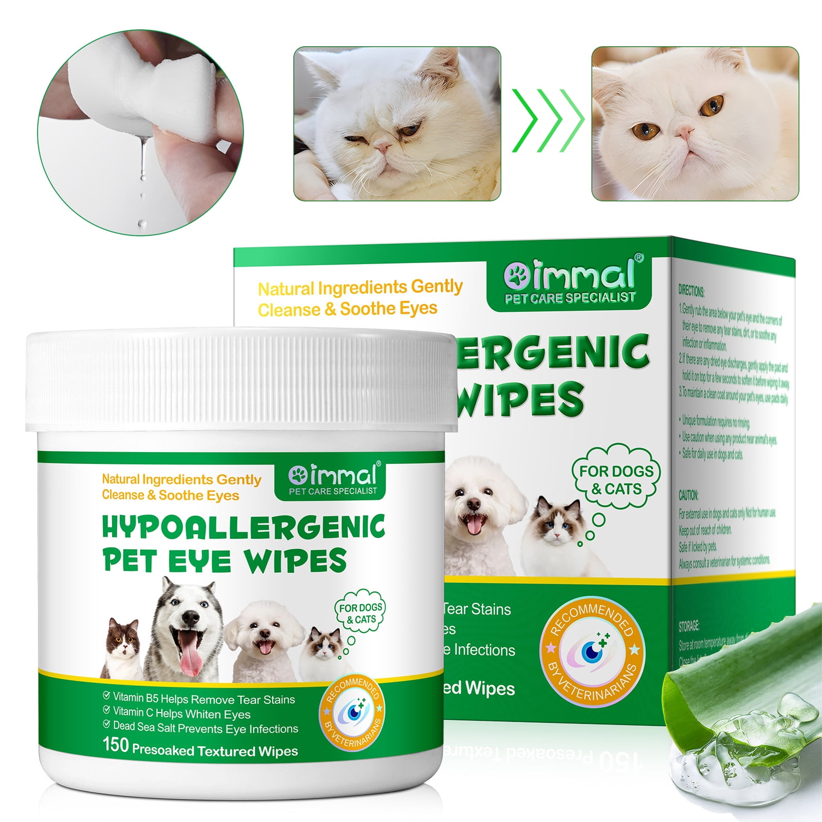 Oimmal, Pet Eye Wipes, 150 Count, Hypoallergenic for Dogs & Cats ...
