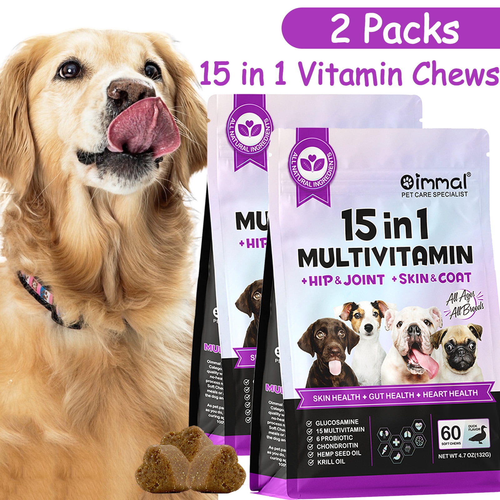 Oimmal Dog 15 in 1 Multivitamin Supplements - 60 Soft Chews, Immunity ...