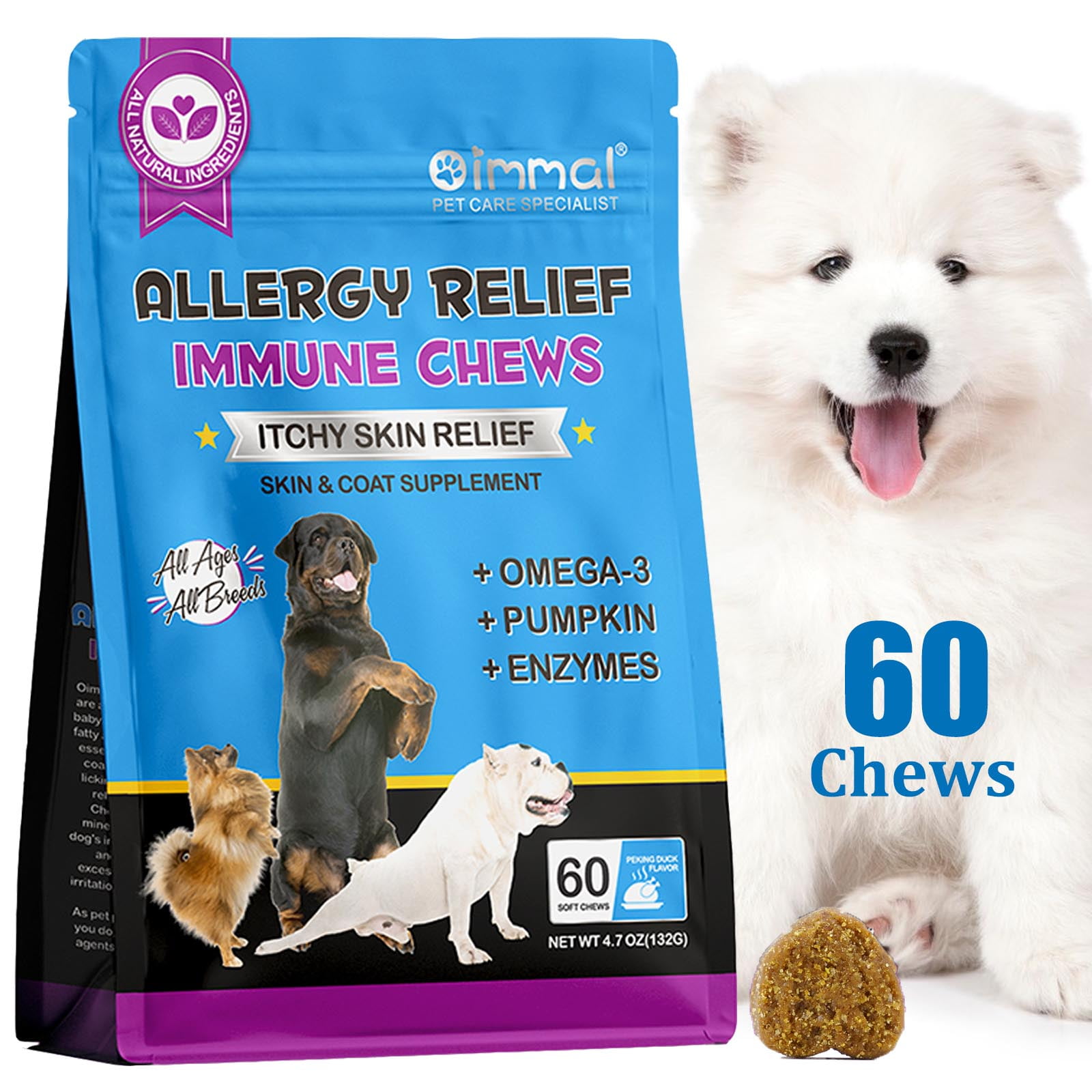 Oimmal Dog Allergy Relief Immune Support 60 Chews,Itchy Skin Relief for ...